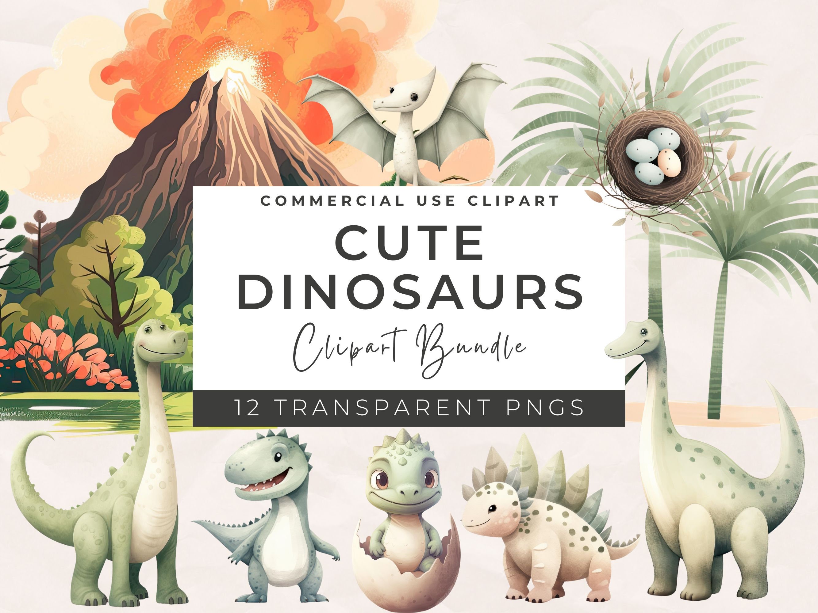 Watercolor Cute Dinosaurs Clipart Bundle Cute Clipart PNG, Baby Nursery ...