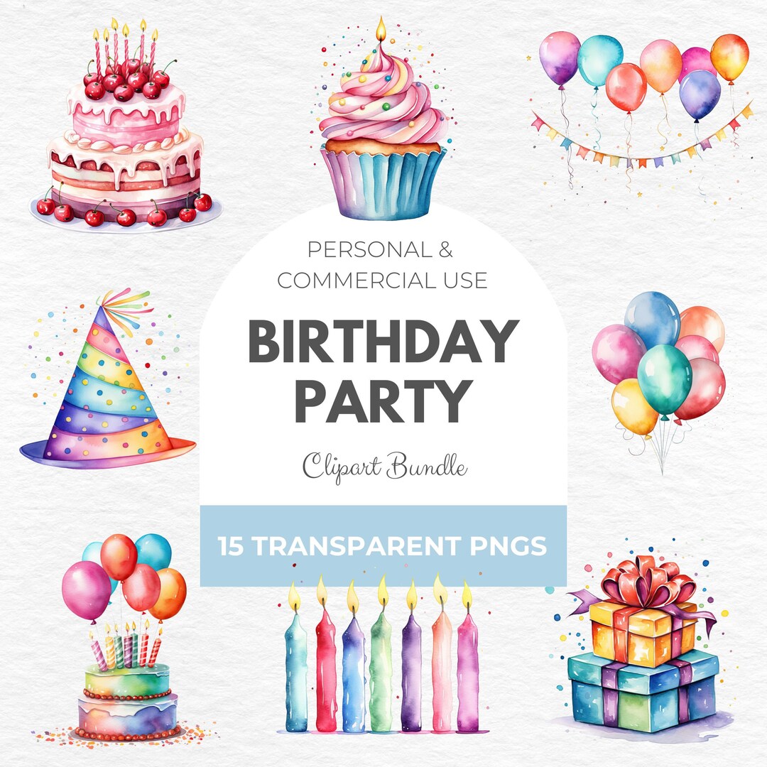 Watercolor Birthday Party Clipart Bundle (commercial Use) - Etsy