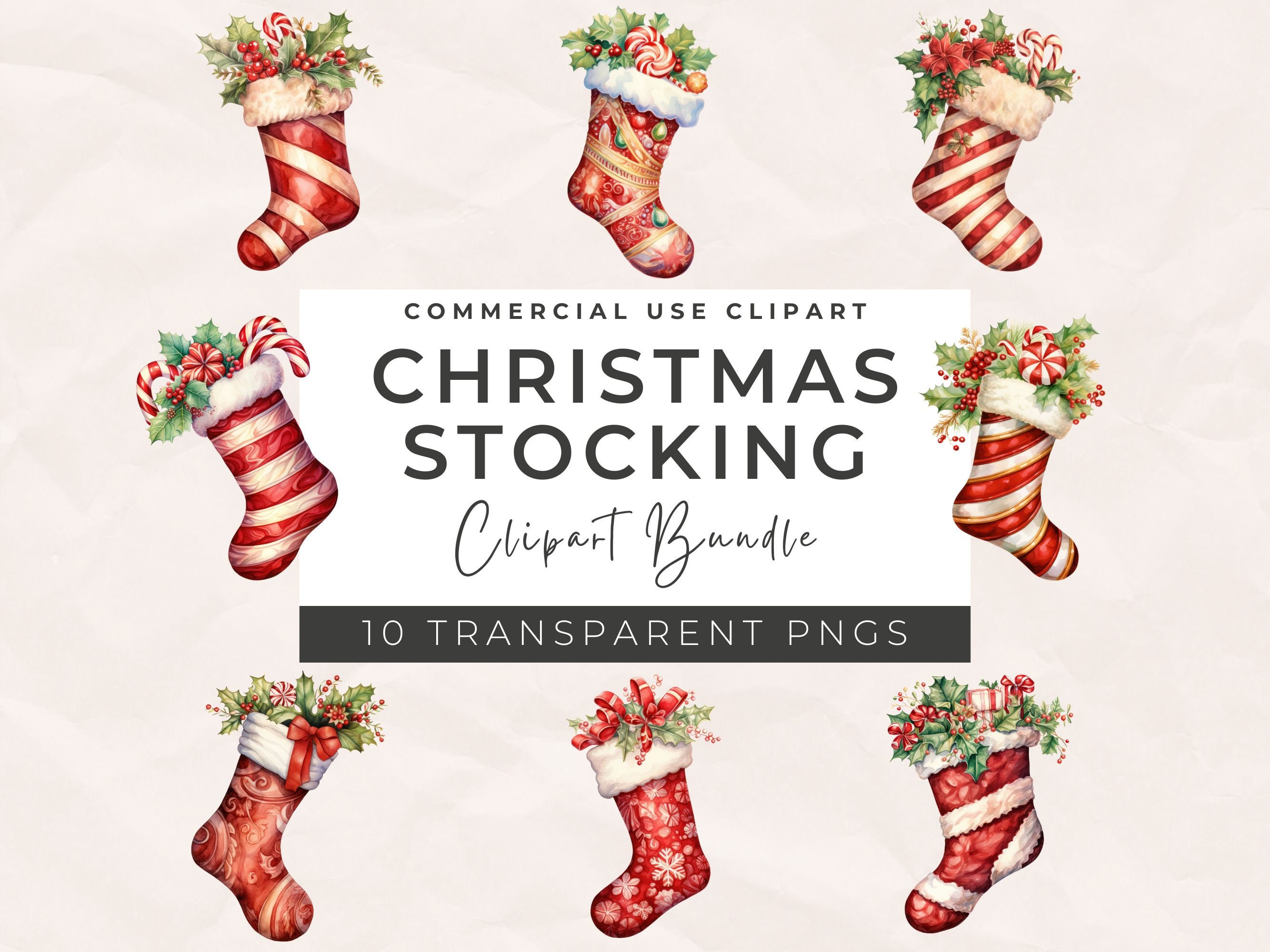 Watercolor Christmas Stocking Clipart Bundle 10 High Quality PNG Files ...