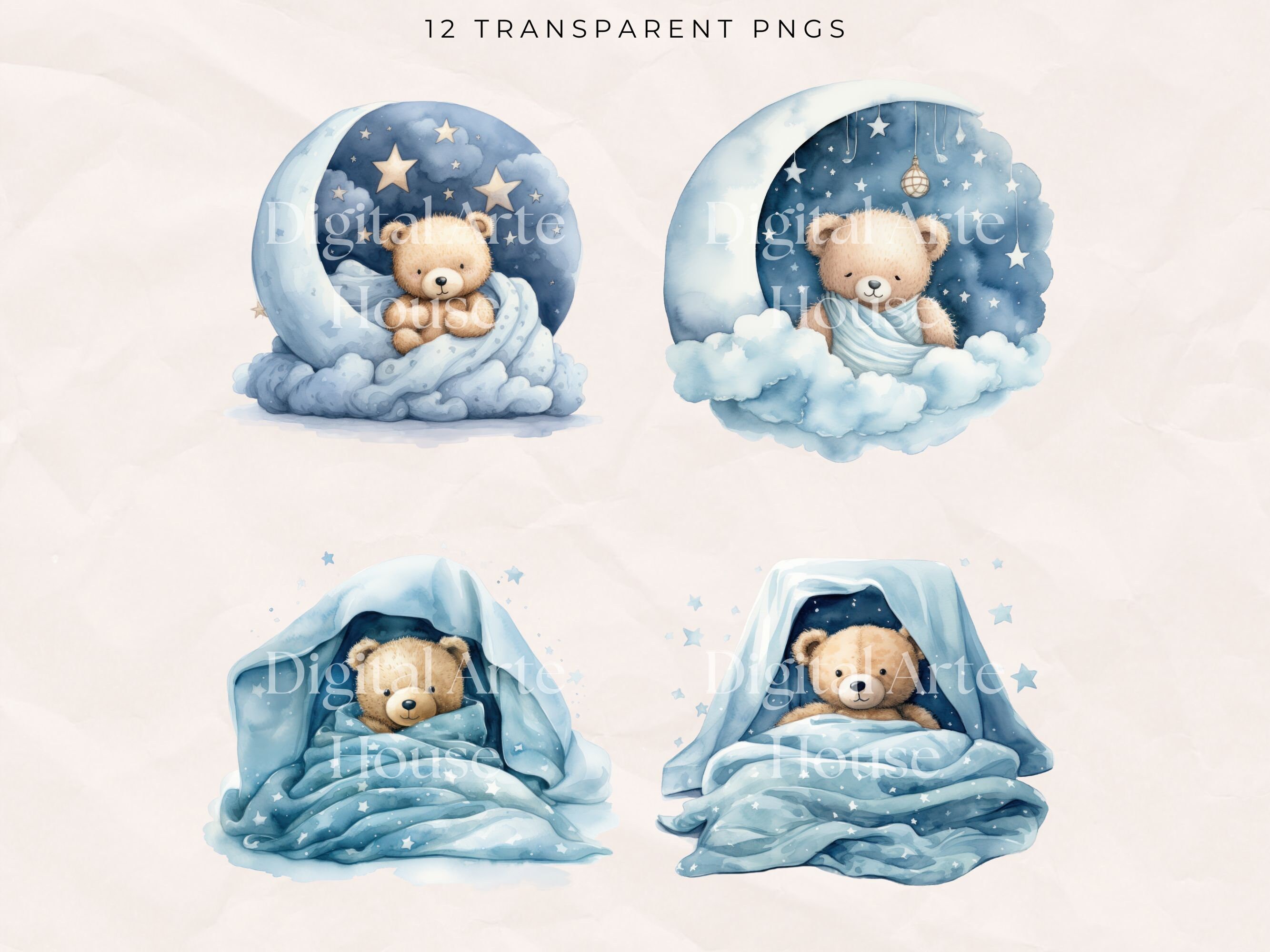 Watercolor Teddy Bear Clipart: Nursery Baby Shower PNG Bundle - Etsy