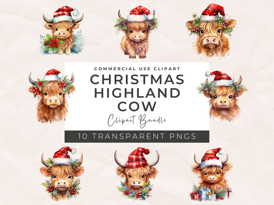 Watercolor Christmas Highland Cow Clipart - Cow Art for Christmas ...