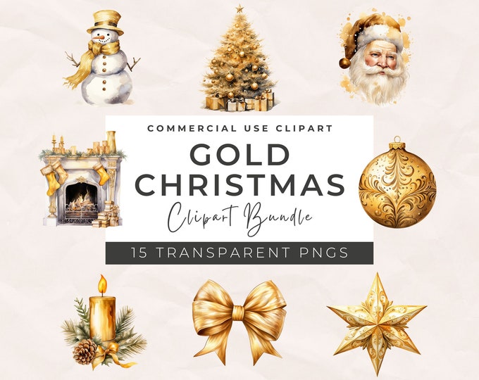 Gold Christmas Clipart Png Bundle, Watercolor Winter Clipart, Gold ...