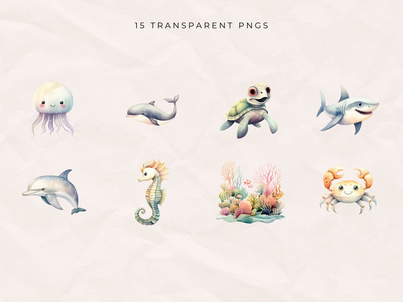 Watercolor Sea Animals Clipart Bundle: PNG Nursery Art (digital ...