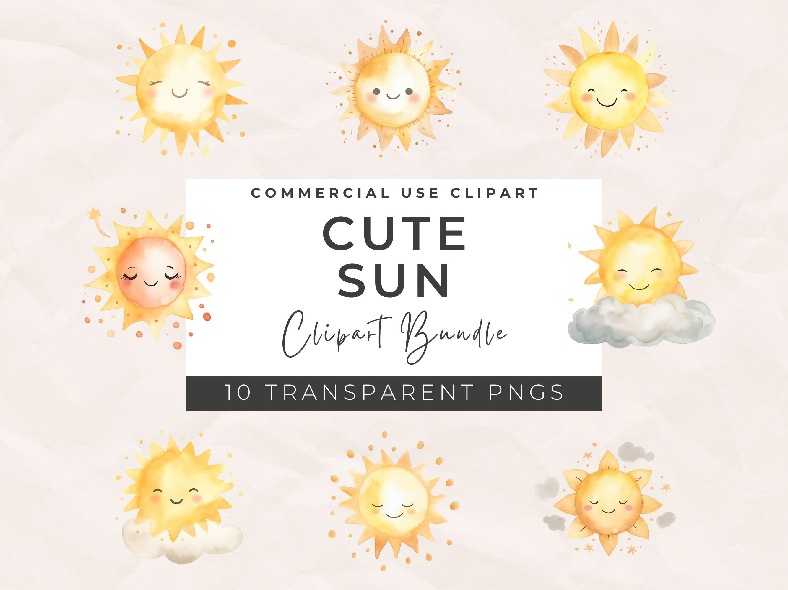 Watercolor Cute Sun Clipart 10 High Quality Pngs, Nursery Art, Digital ...
