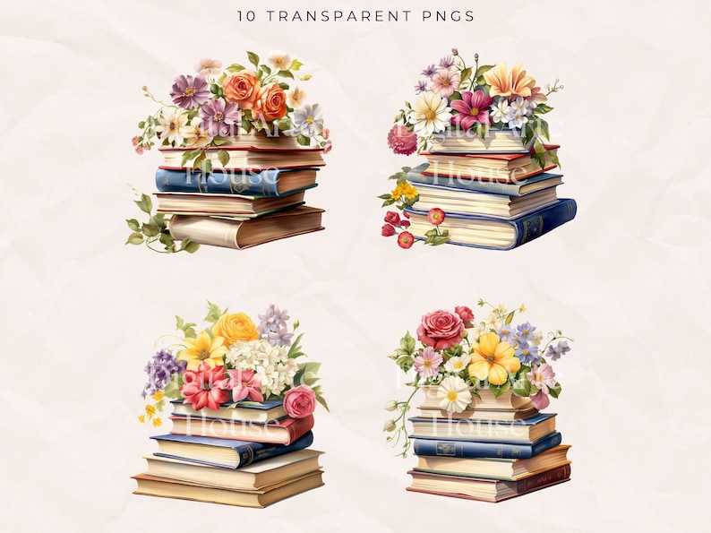 Watercolor Floral Books Clipart Book Bundle PNG, Open Book Clipart ...