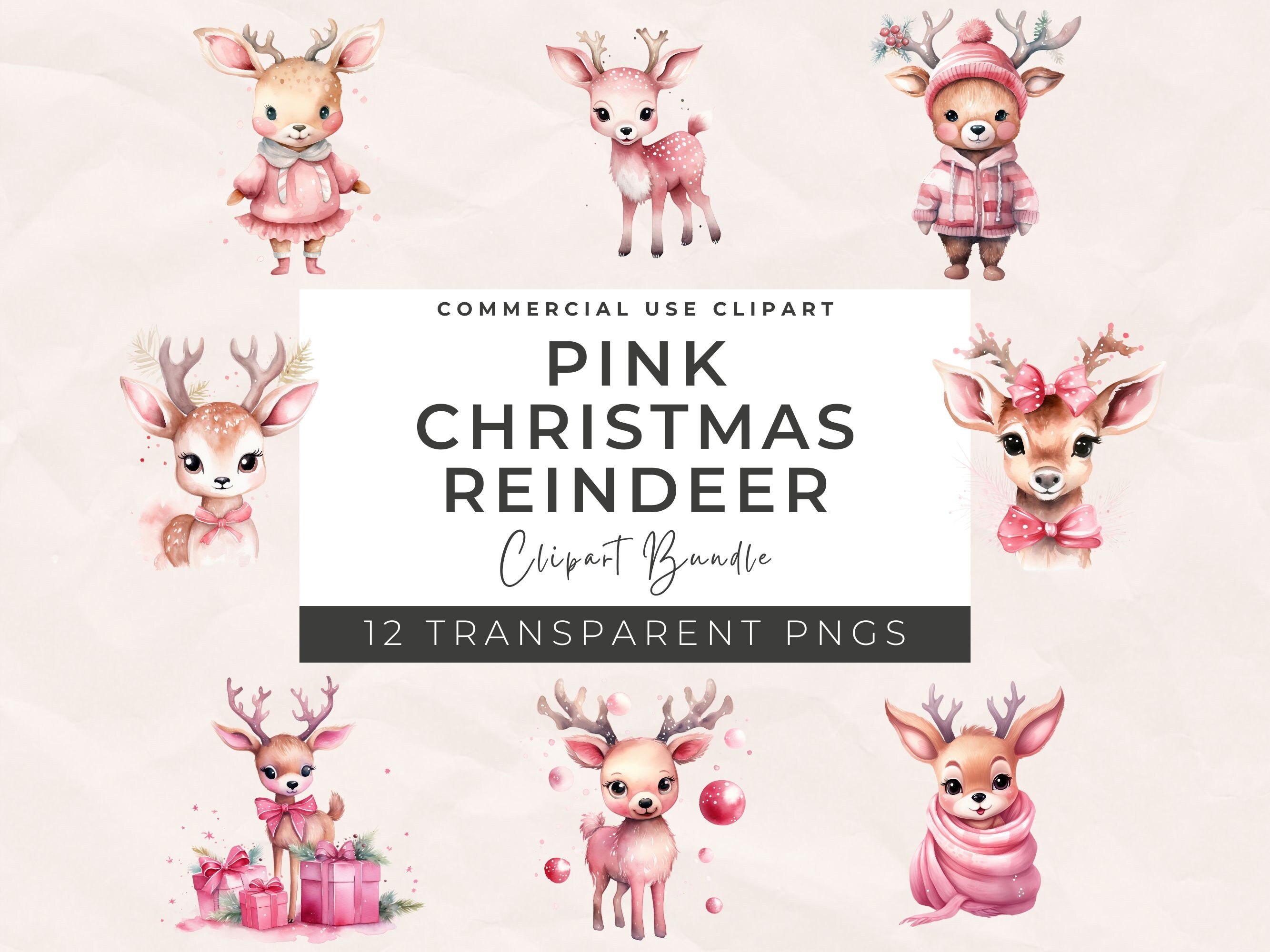 Christmas Cute Reindeer Clipart Bundle Watercolor Deer, Pink Christmas ...