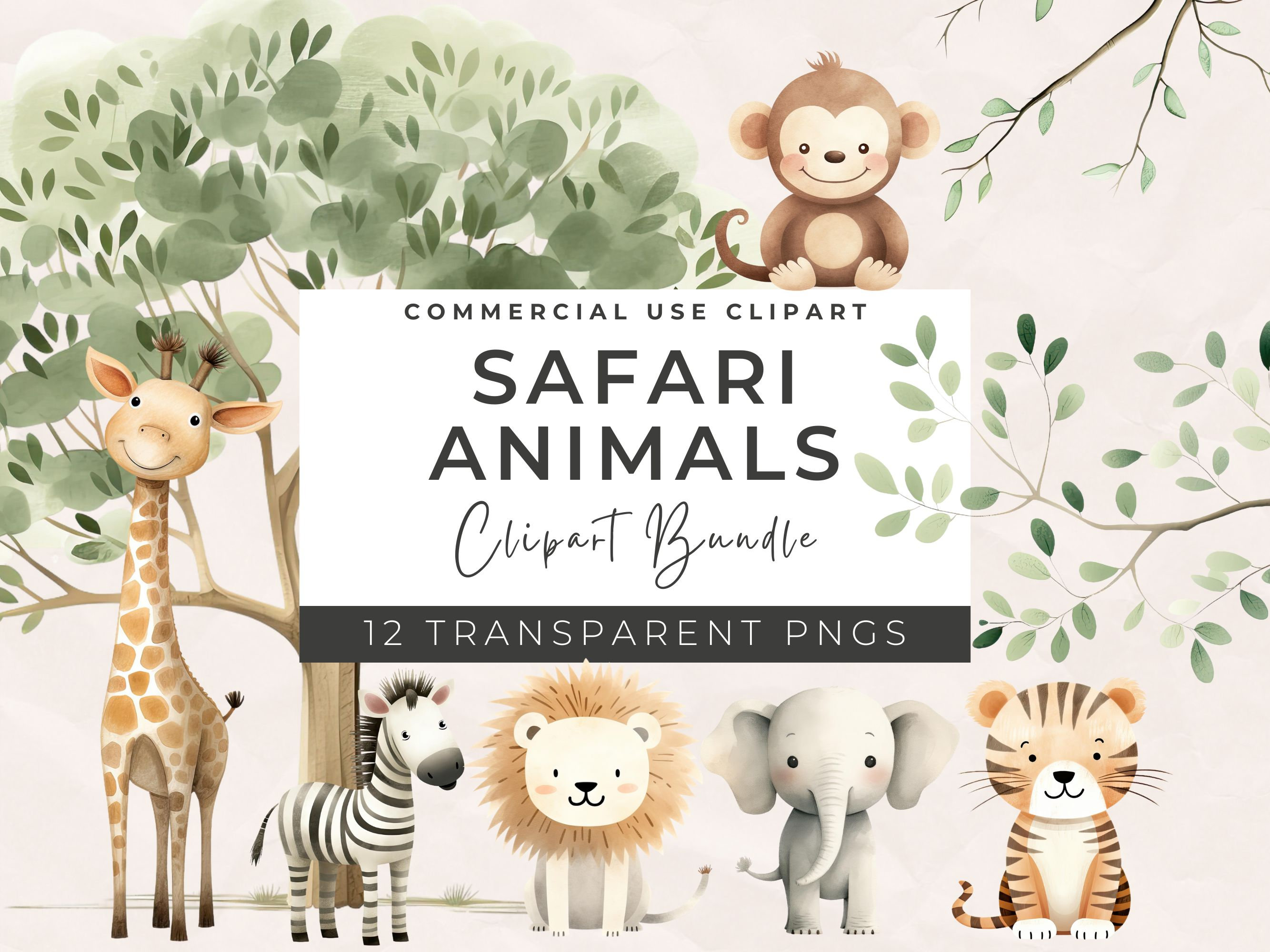 Watercolor Baby Safari Animals Clipart Baby Shower, Lion, Tiger ...