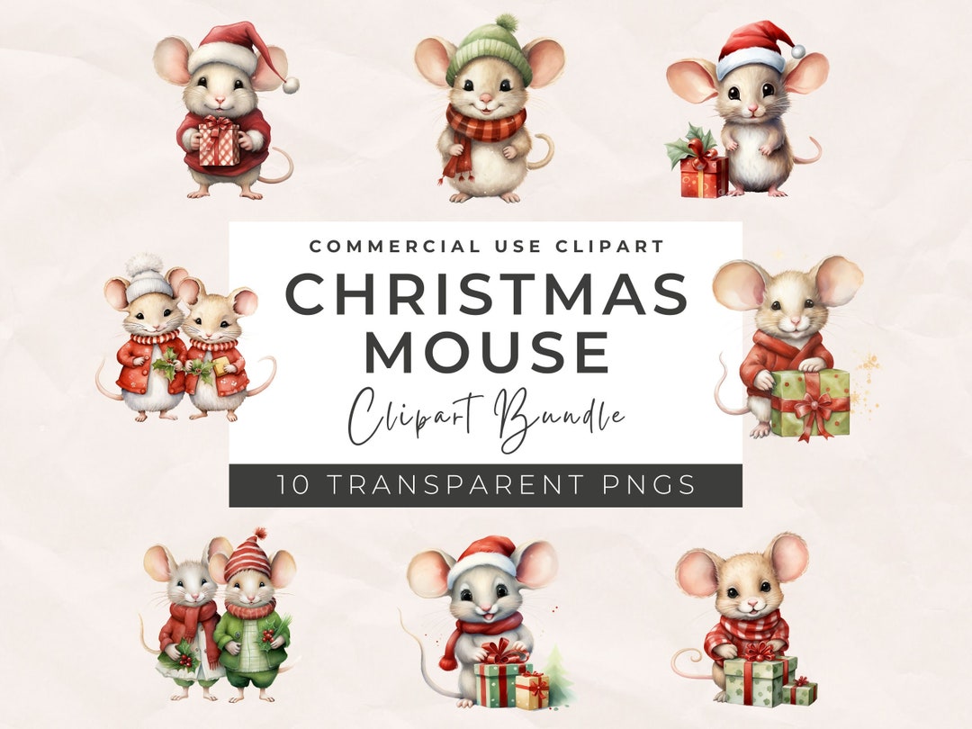 Watercolor Christmas Mouse Clipart: Holiday PNG Images (digital ...