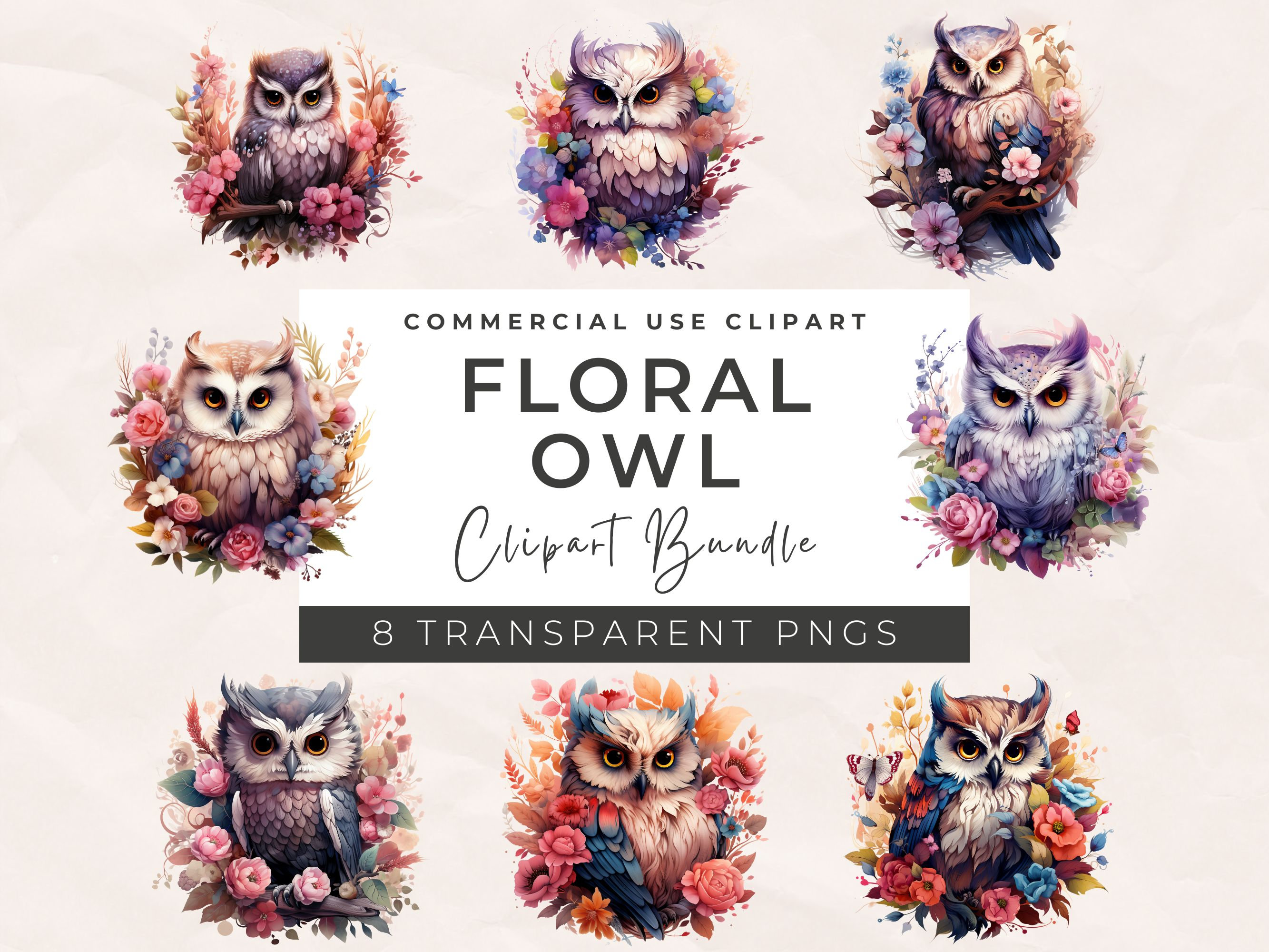 Watercolor Floral Owl Clipart, Cute Clipart for Commercial Use ...