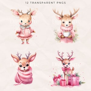 Christmas Cute Reindeer Clipart Bundle - Watercolor Deer, Pink ...