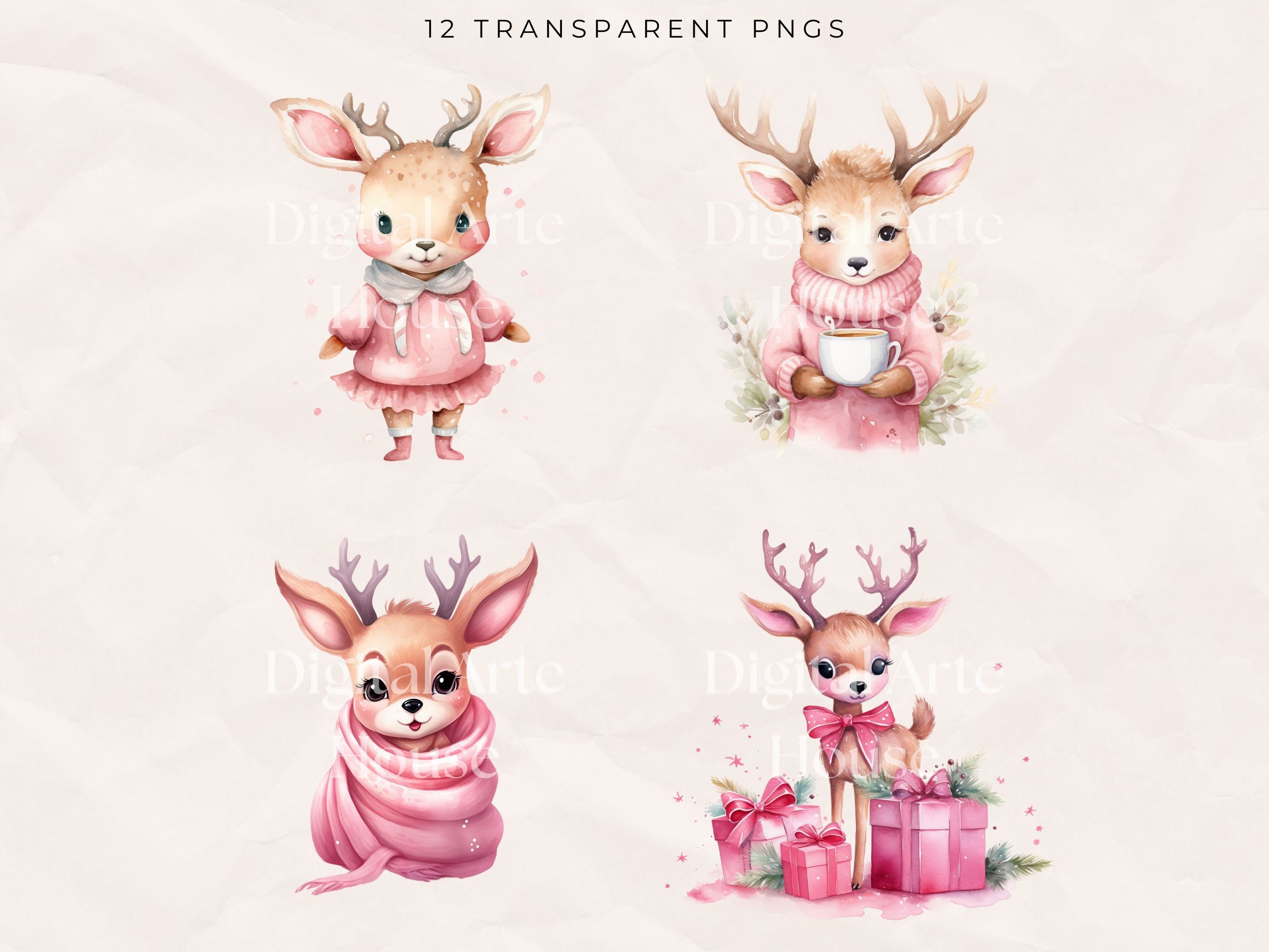 Christmas Cute Reindeer Clipart Bundle Watercolor Deer, Pink Christmas ...