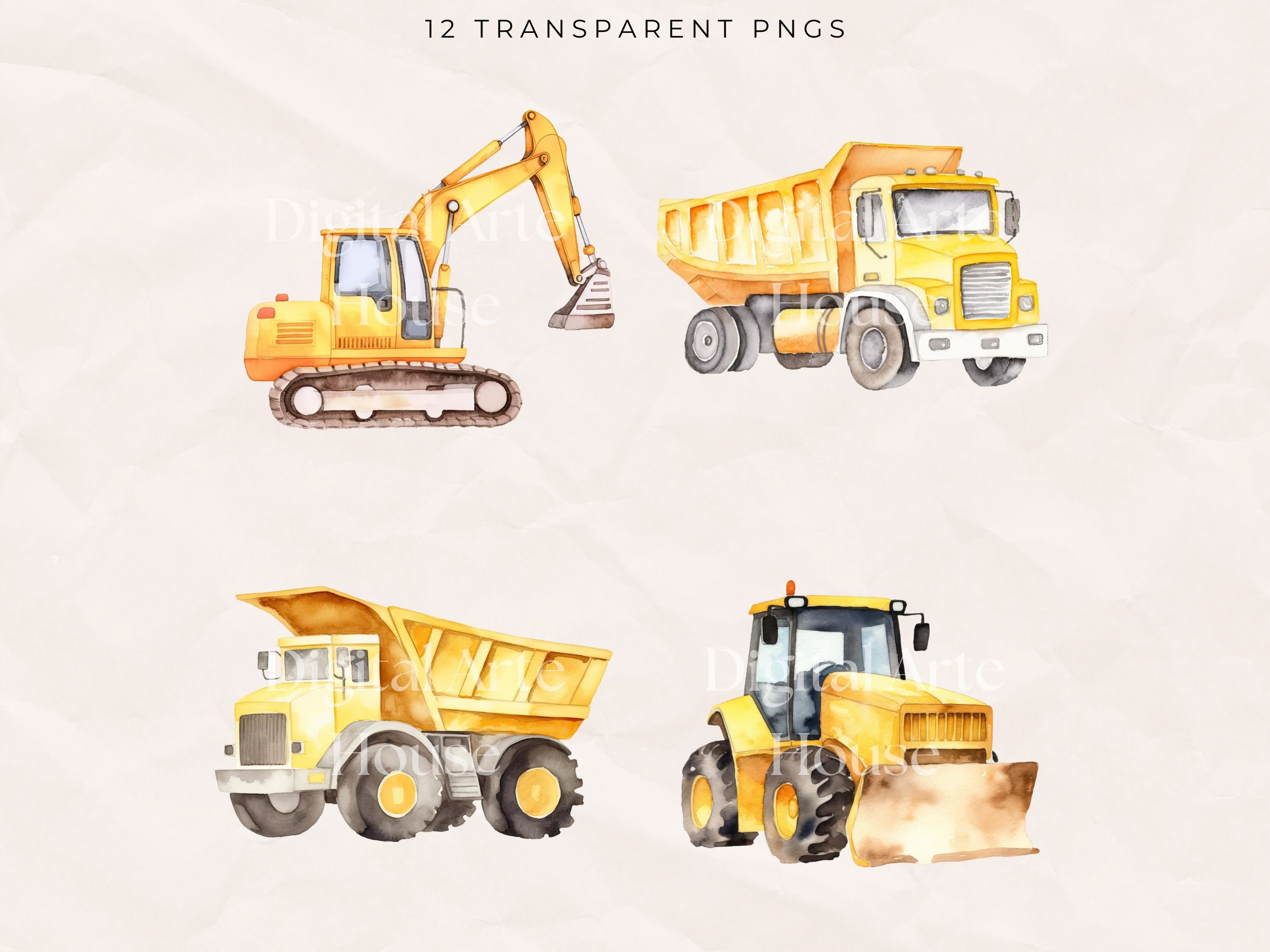 Watercolor Construction Clipart Bundle, Trucks, Digger PNG (commercial ...