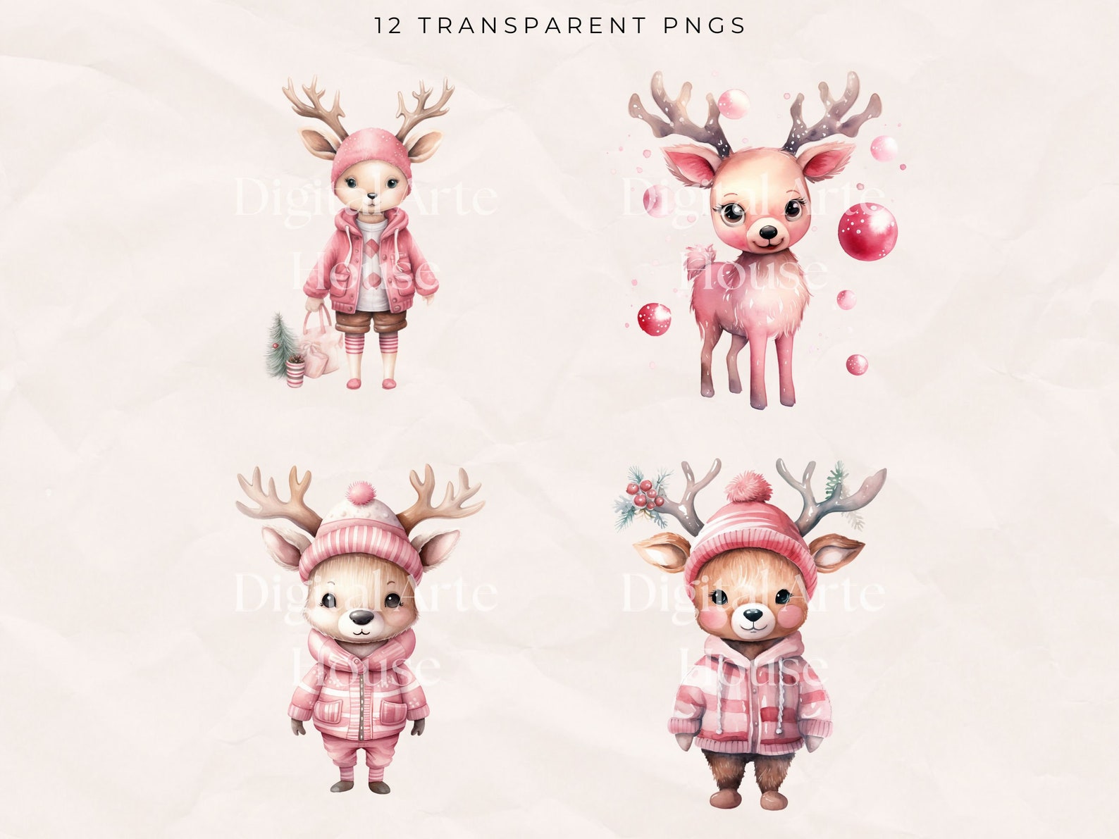Christmas Cute Reindeer Clipart Bundle Watercolor Deer, Pink Christmas ...