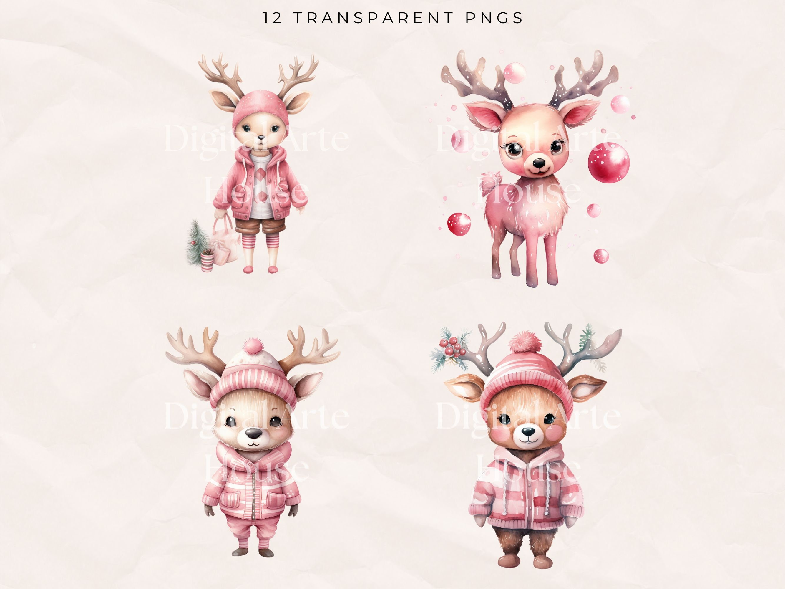Christmas Cute Reindeer Clipart Bundle Watercolor Deer, Pink Christmas ...