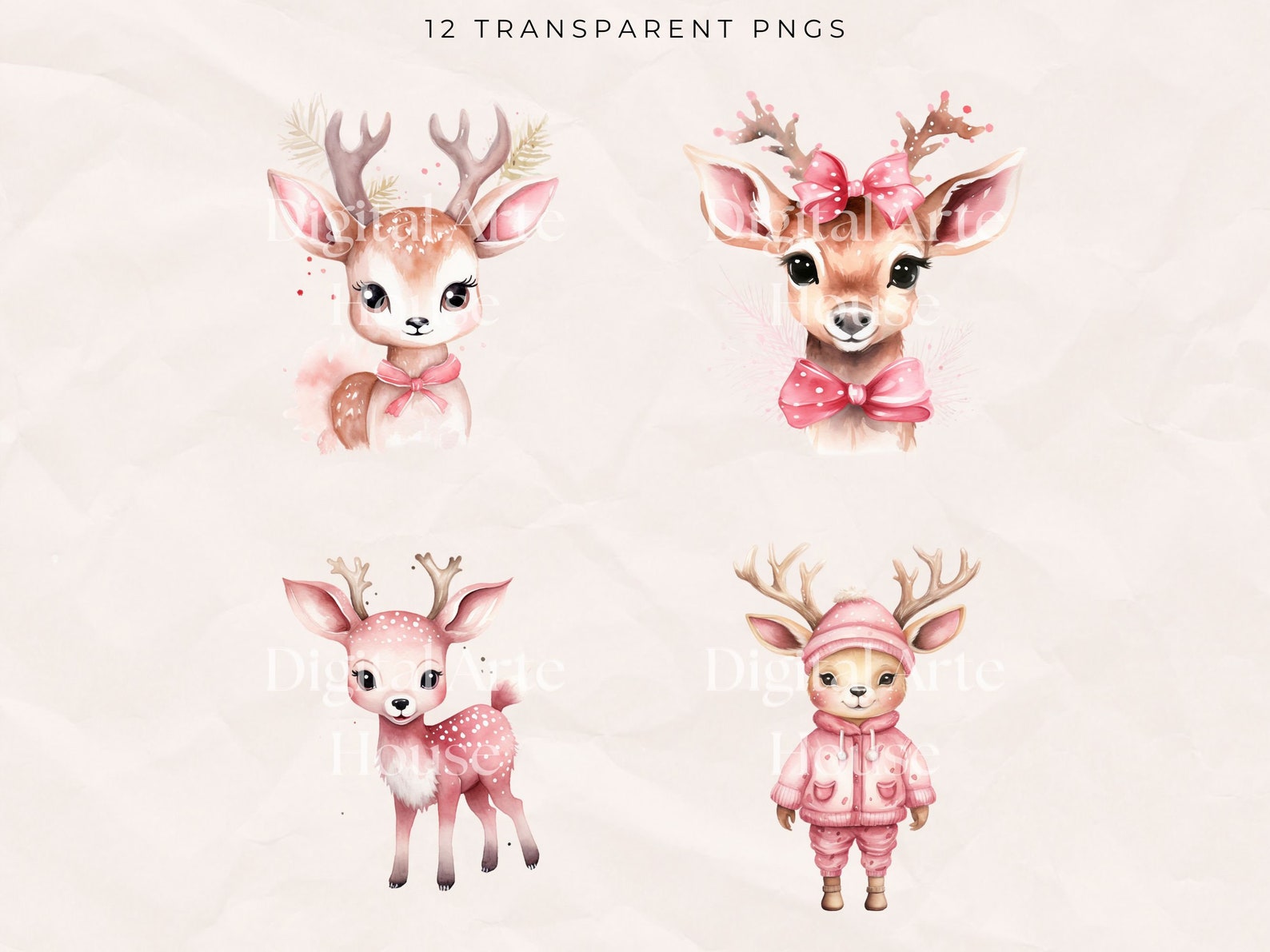 Christmas Cute Reindeer Clipart Bundle Watercolor Deer, Pink Christmas ...
