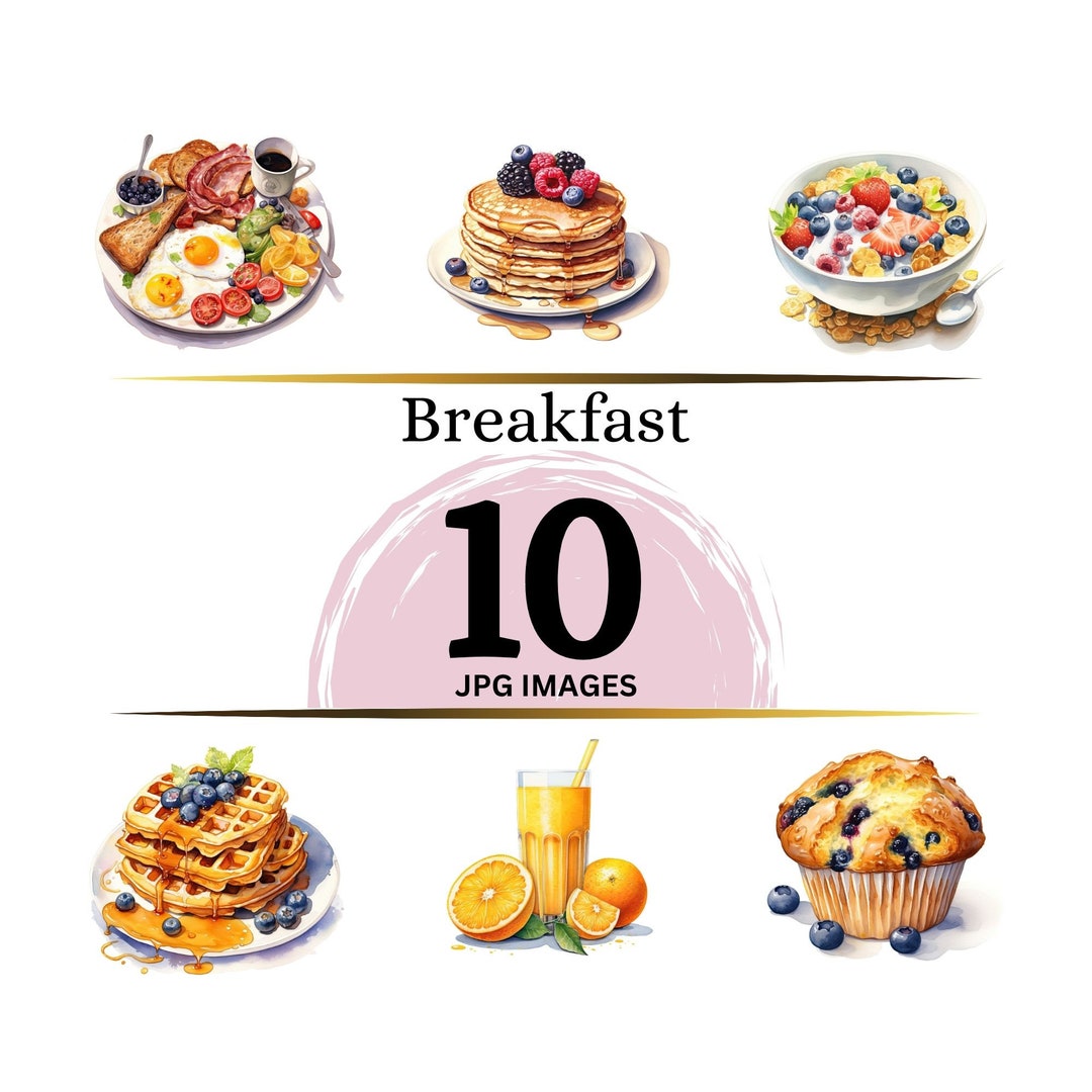 Breakfast Clipart - 10 High Quality Jpgs, Watercolor Food Clipart ...