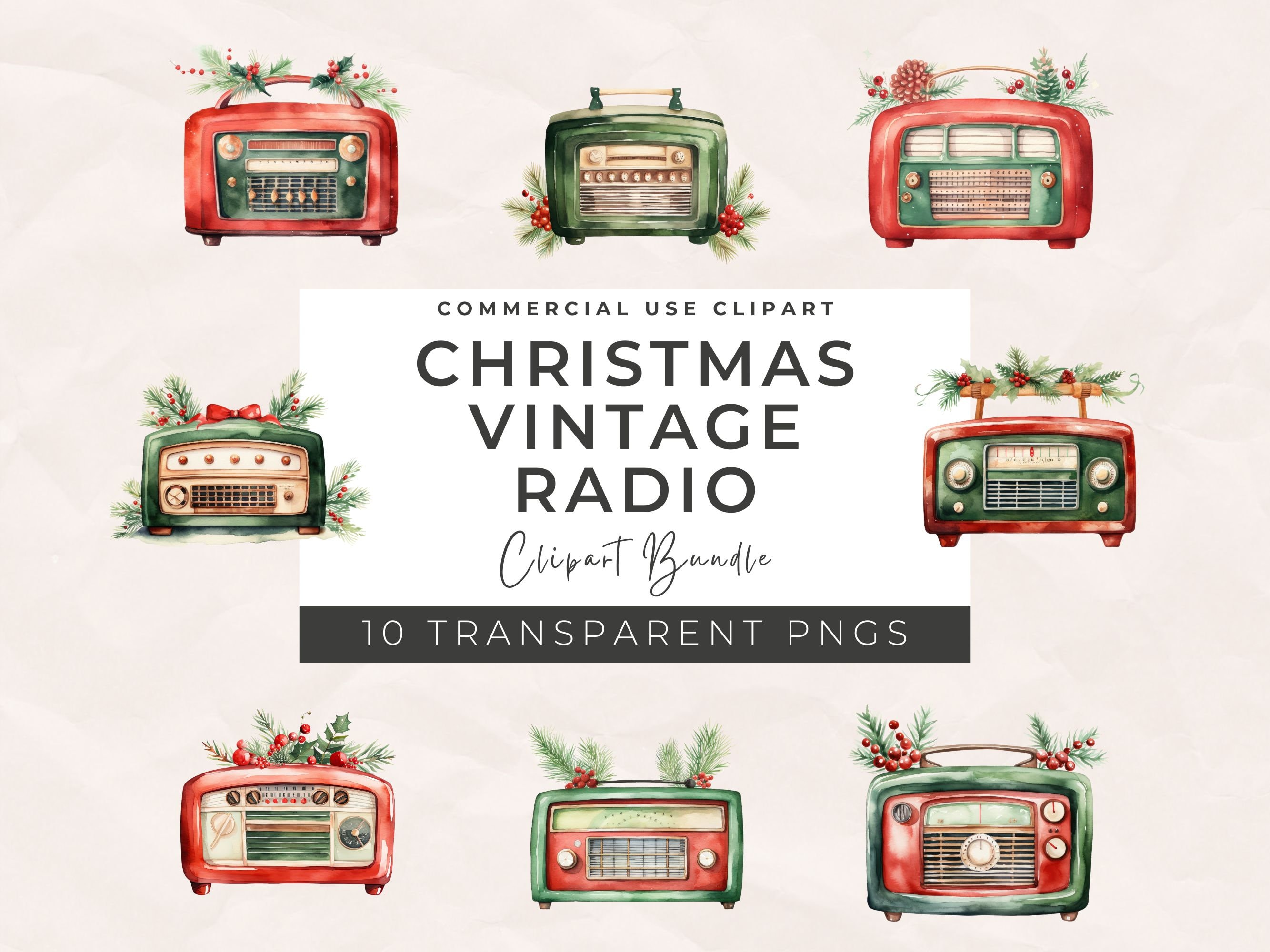 Christmas Vintage Radio Watercolor Clipart Bundle (4K PNG) - Etsy