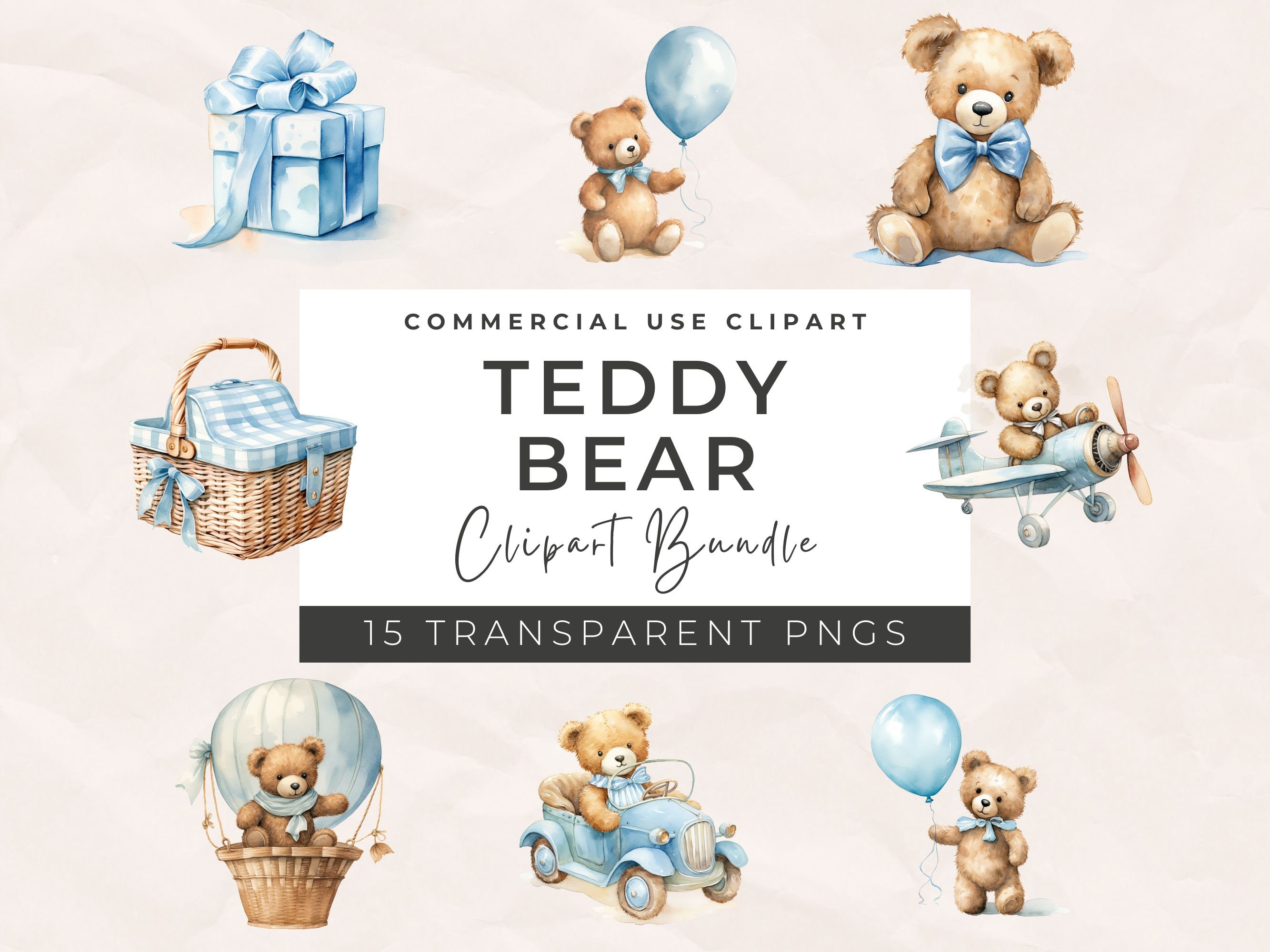 Watercolor Teddy Bear Clipart Bundle Baby Shower for a Boy - Etsy
