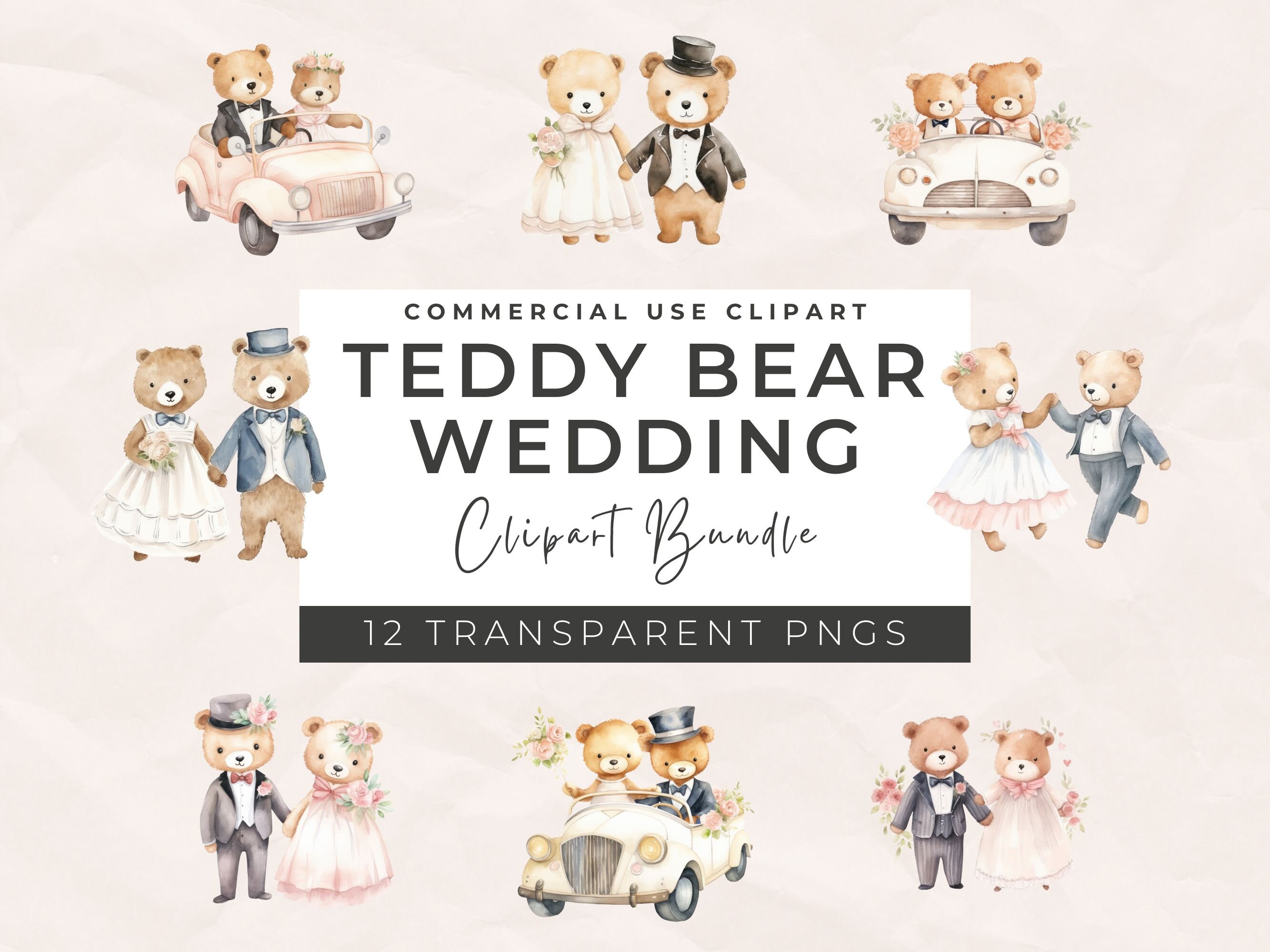 Watercolor Teddy Bear Wedding Clipart Cute Teddy Clipart, Downloadable ...