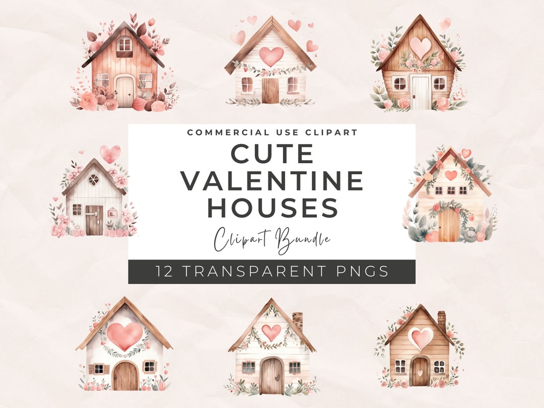 Watercolor Valentine Houses Clipart: Pink Nursery Art (PNG Download) - Etsy