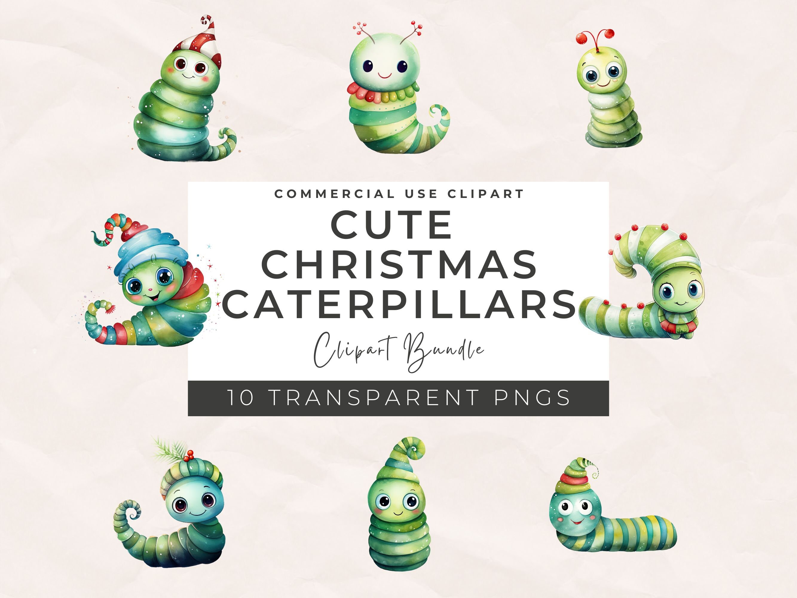 Watercolor Cute Caterpillar Clipart Bundle Christmas PNG - Etsy