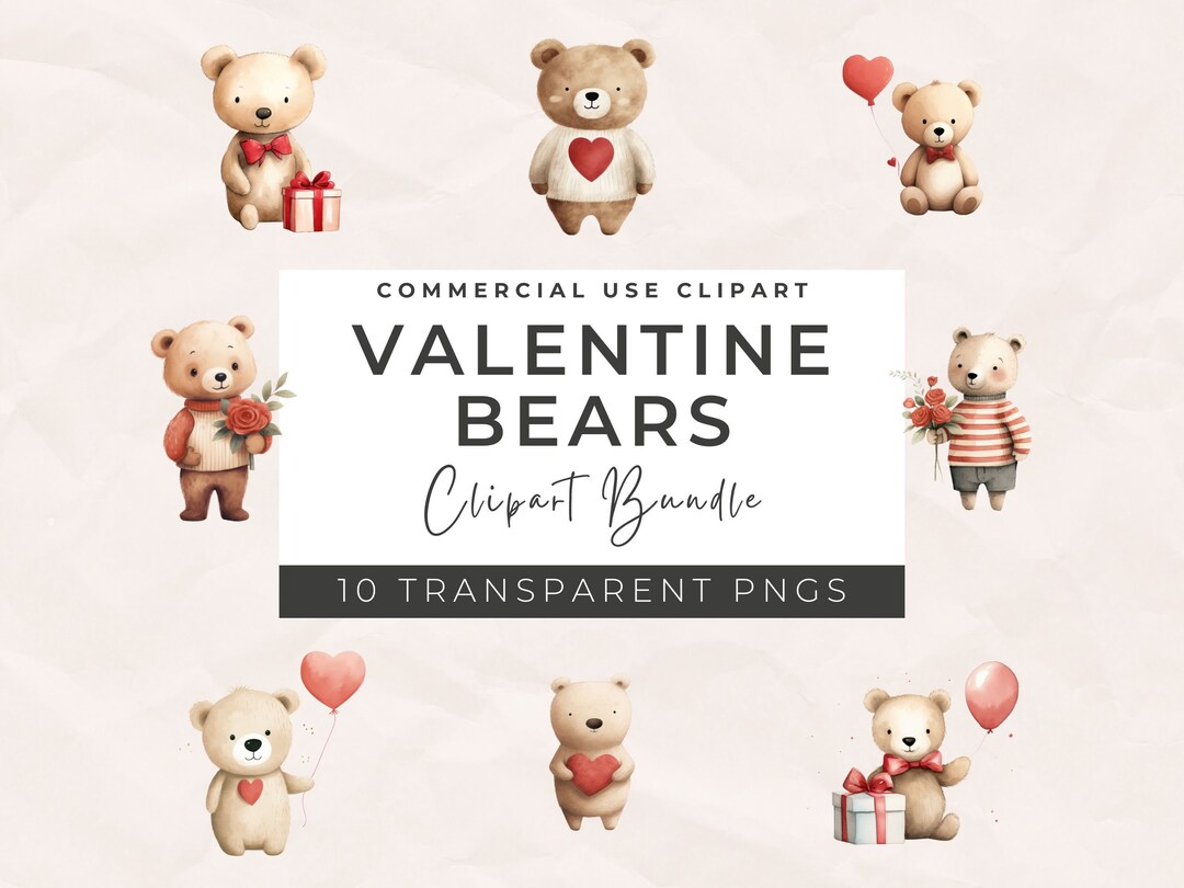 Watercolor Valentine Bears Clipart: Love Heart PNG Bundle (digital ...
