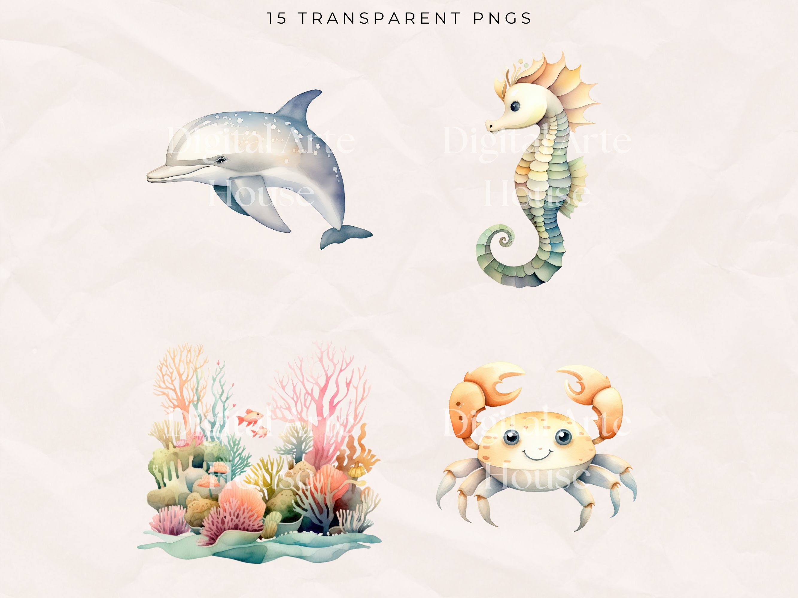 Watercolor Sea Animals Clipart Bundle: PNG Nursery Art (digital ...