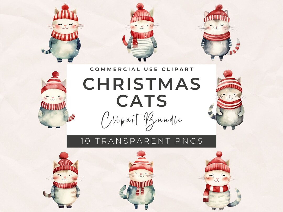 Watercolor Christmas Cats Clipart - Cute Festive Cats, Modern Holiday ...