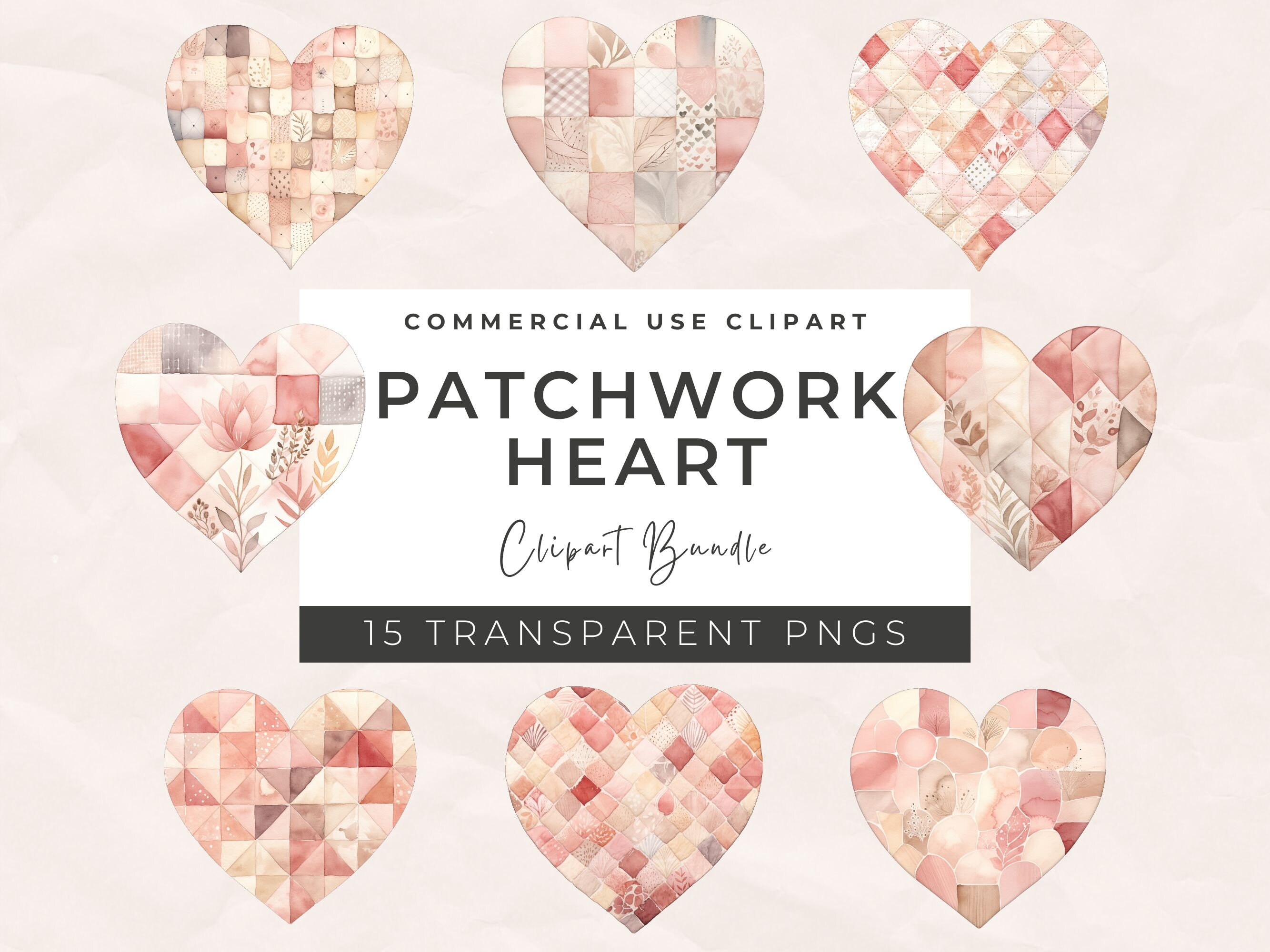 Watercolor Heart Clipart Bundle Patchwork Heart Clip Art Commercial Use ...