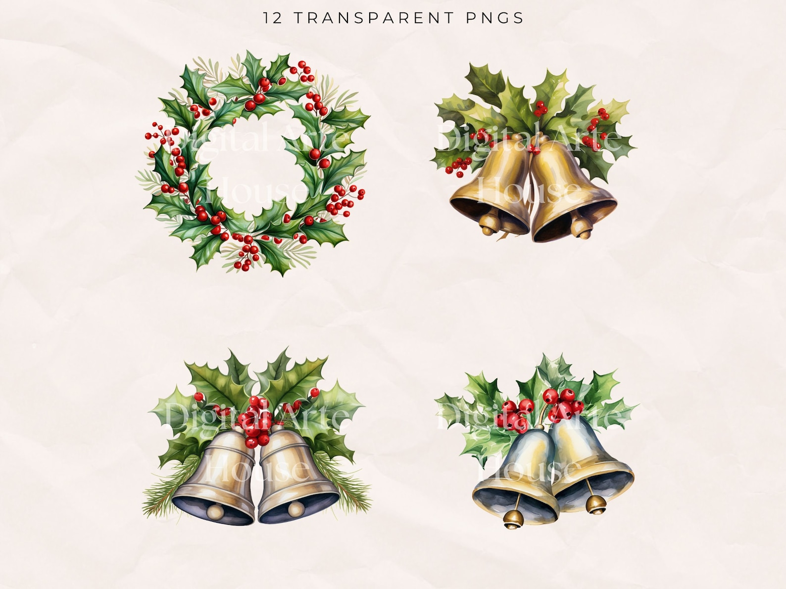 Watercolor Christmas Holly Clipart: PNG Botanical Bundle (commercial ...