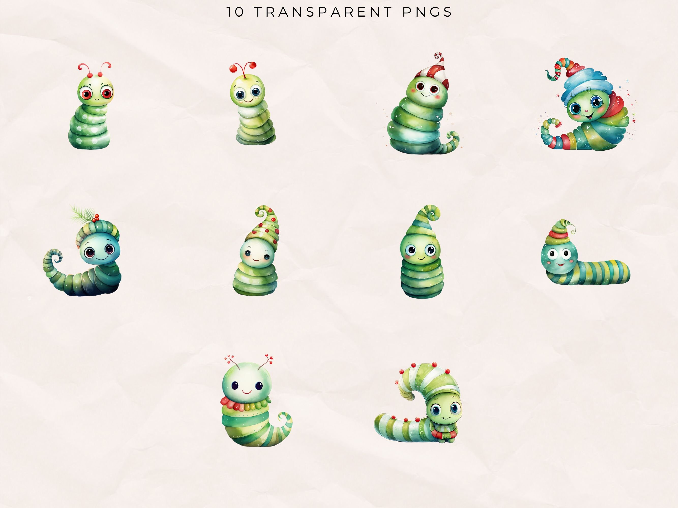 Watercolor Cute Caterpillar Clipart Bundle Christmas PNG - Etsy