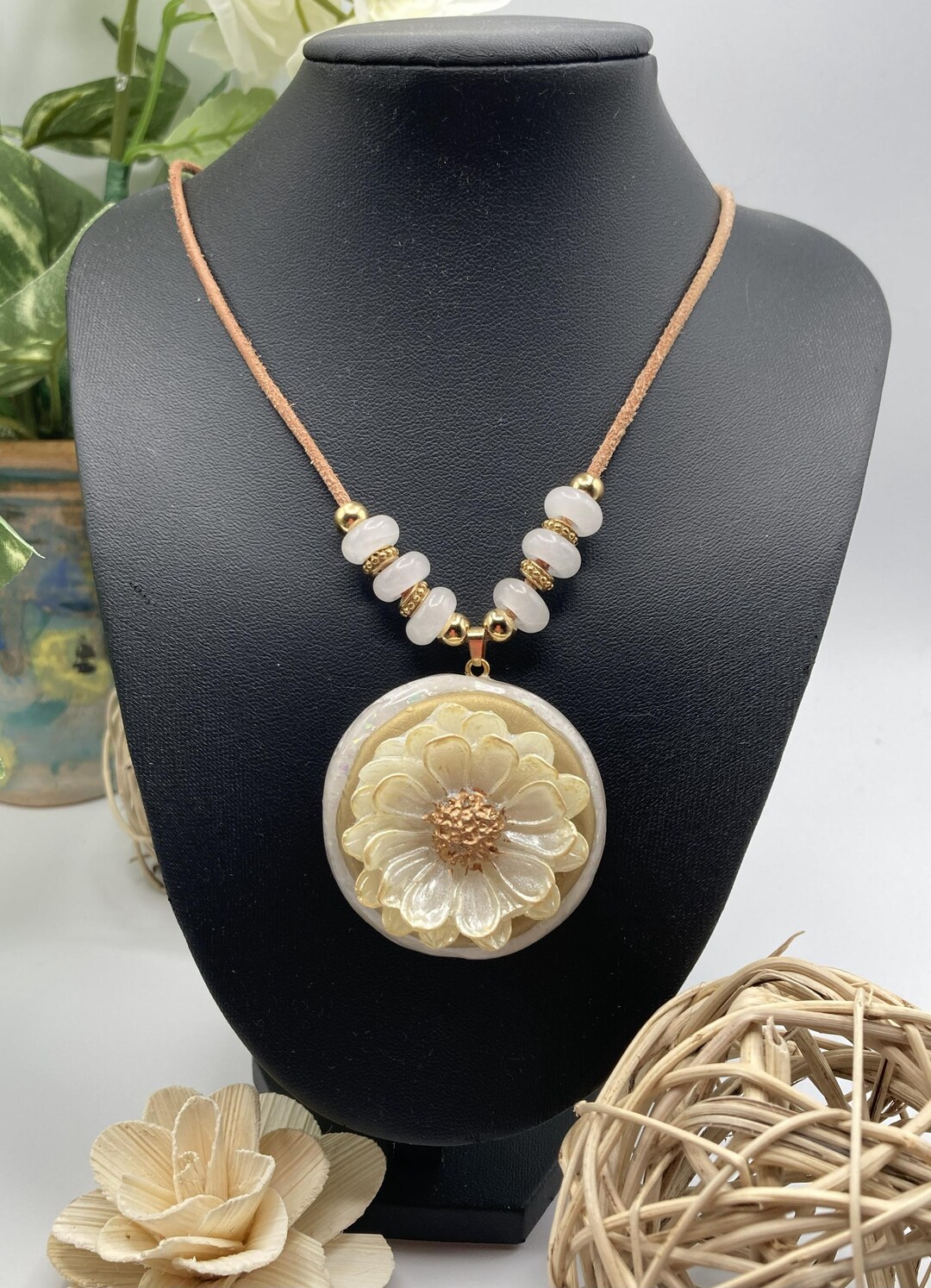 Handmade Opal Floral Necklace, Resin Flower & Leather Cord - Etsy