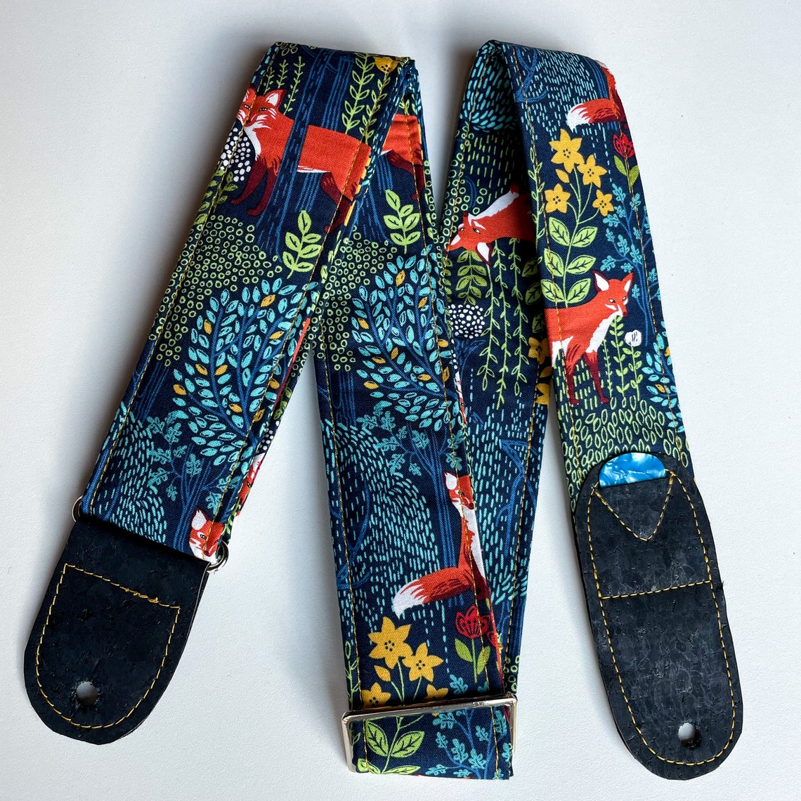 Vegan Guitar Strap | Fox Guitar Strap on Blue | Handmade Comfortable ...