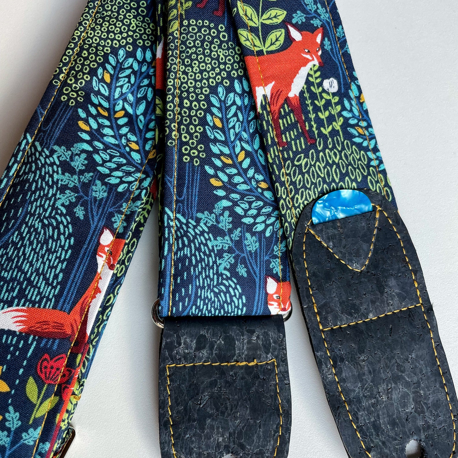 Vegan Guitar Strap | Fox Guitar Strap on Blue | Handmade Comfortable ...
