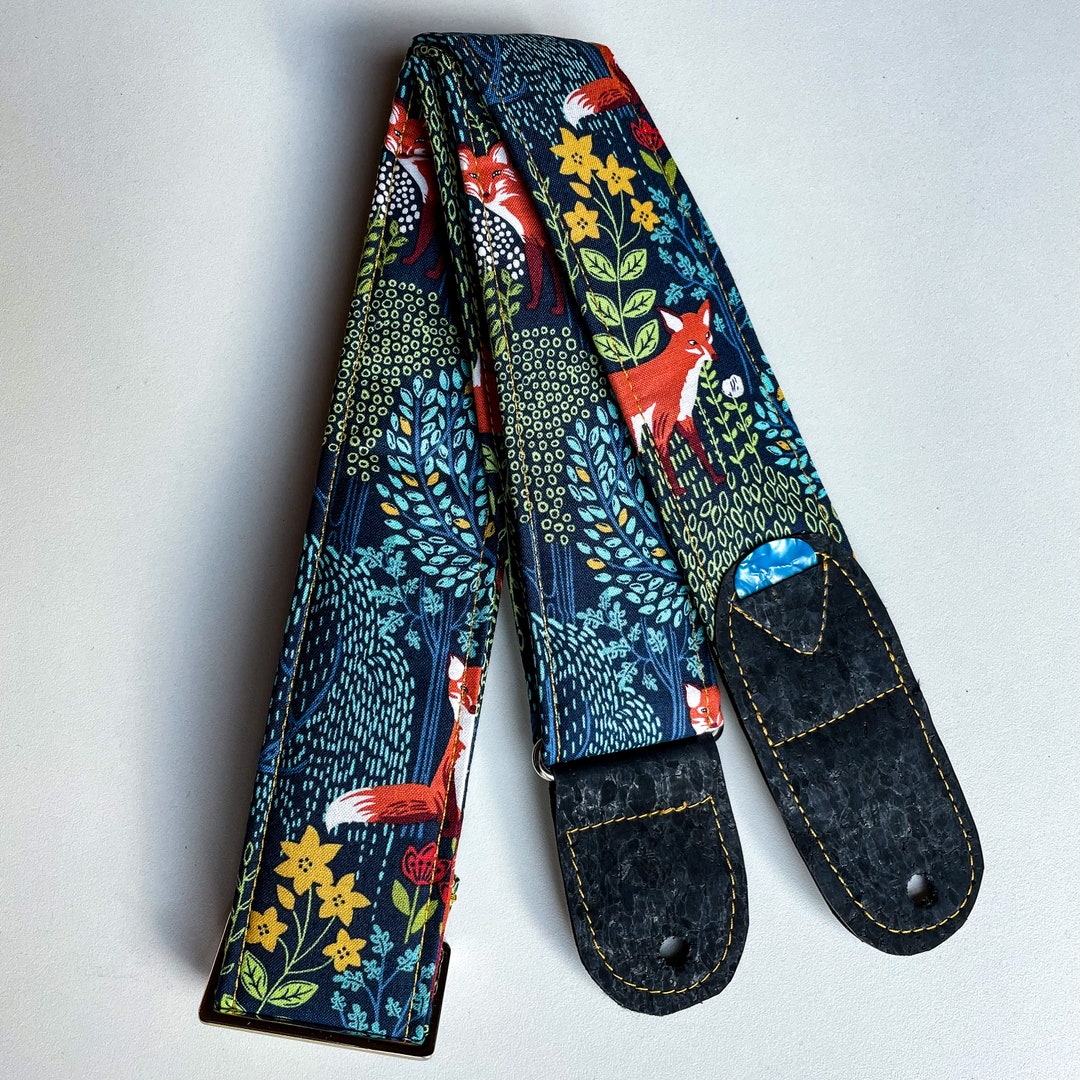 Vegan Guitar Strap | Fox Guitar Strap on Blue | Handmade Comfortable ...