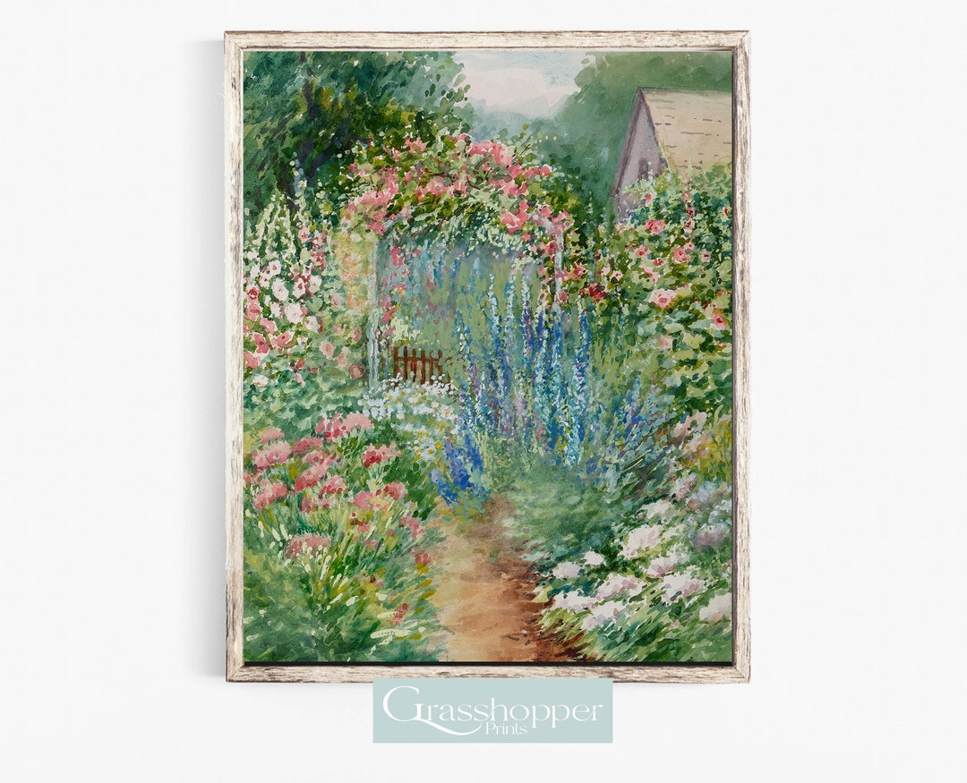 Spring Flower Print, Vintage Garden Painting, Flowers in Landscape ...