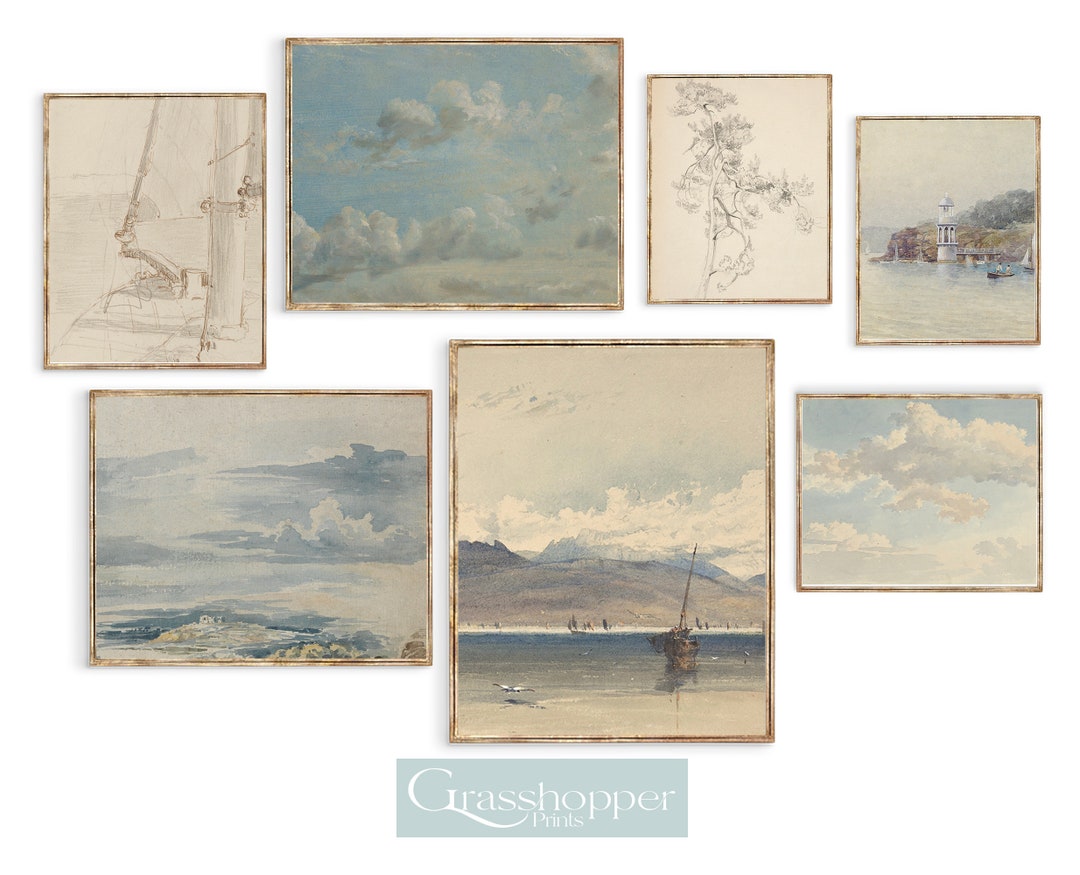 Vintage Wall Gallery Set, Nautical Wall Art, Moody Cloud Sky ...