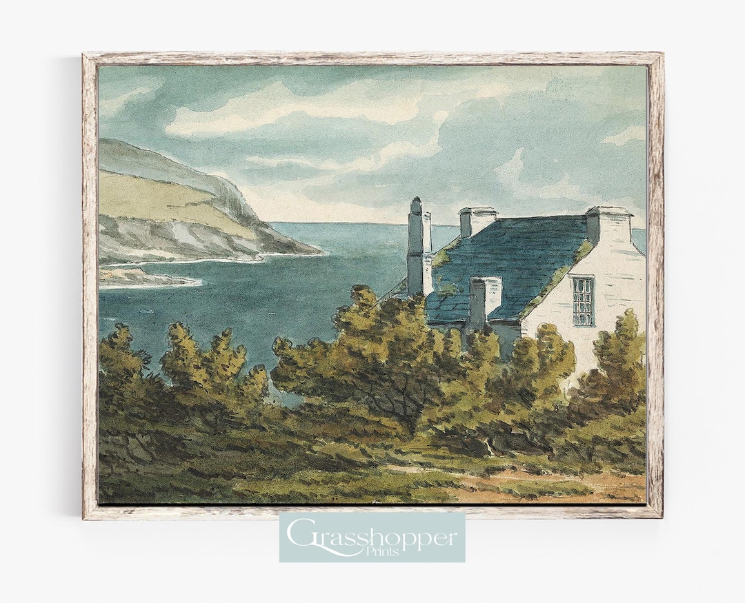 Vintage Cottage Print, English Landscape Watercolour, Coastal Seaside ...