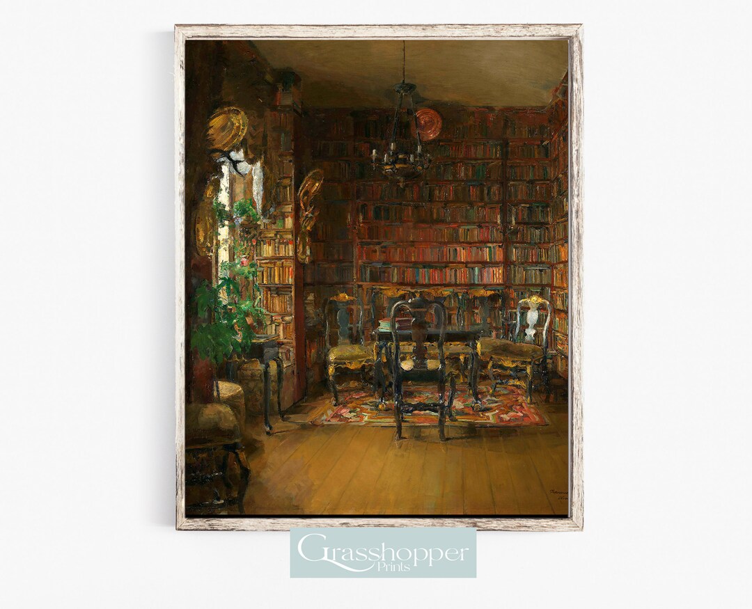Vintage Library Oil Painting, Antique Books Print, PRINTABLE Decor ...