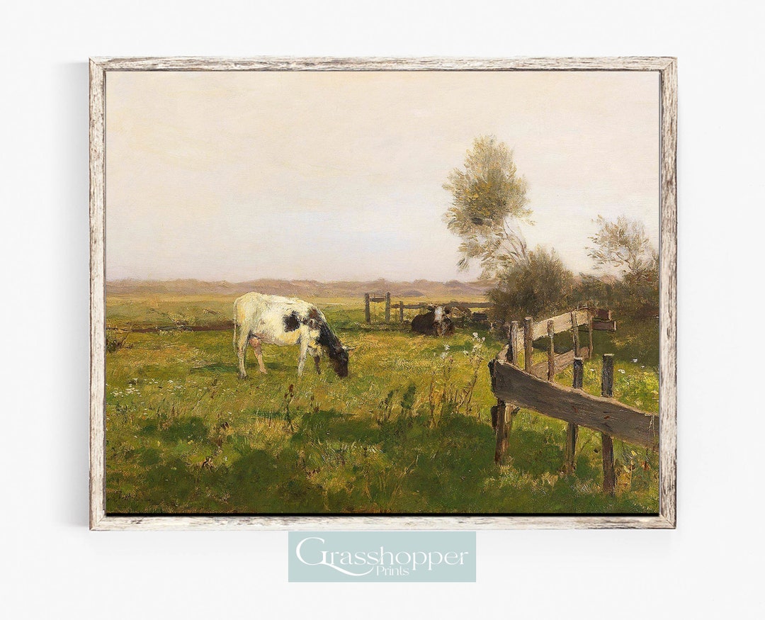 Cows in Field Print, Green Pastures Painting, Countryside Scenery, Farm ...