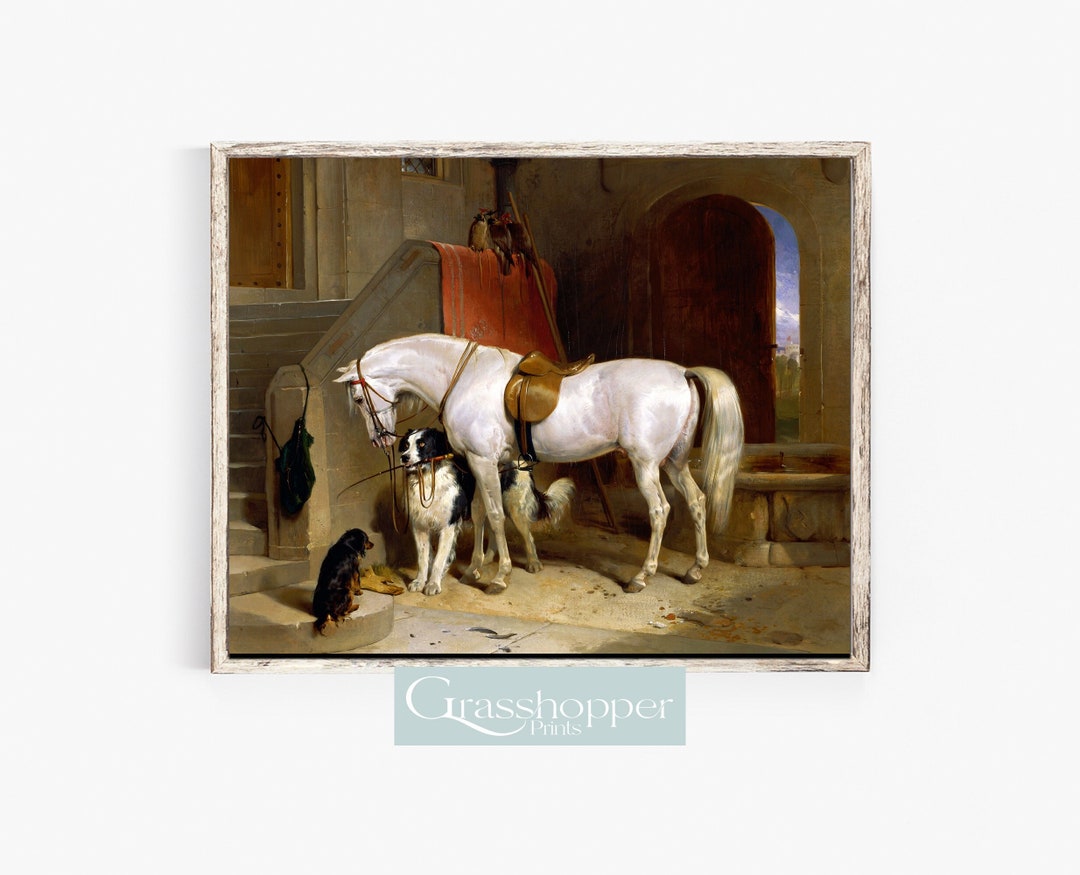 Farmhouse Horse Print, Vintage Animal Painting, Barn Stables Print ...