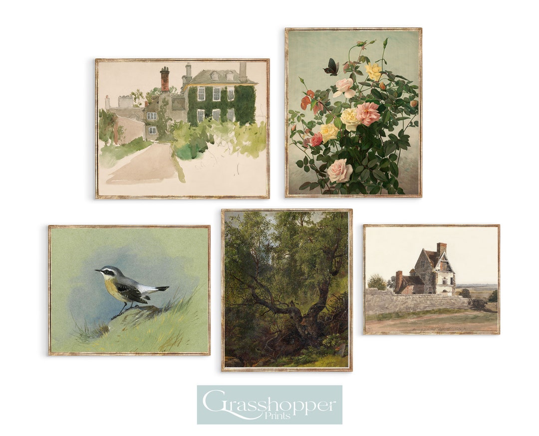 English Country Cottage Prints, Vintage Green Wall Gallery Set ...