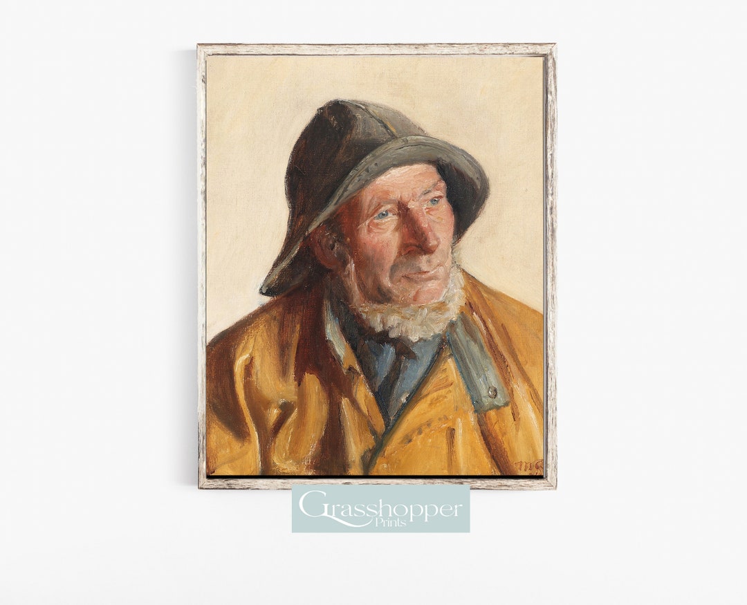Vintage Fisherman Portrait Painting, Antique Coastal Artwork, Nautical ...