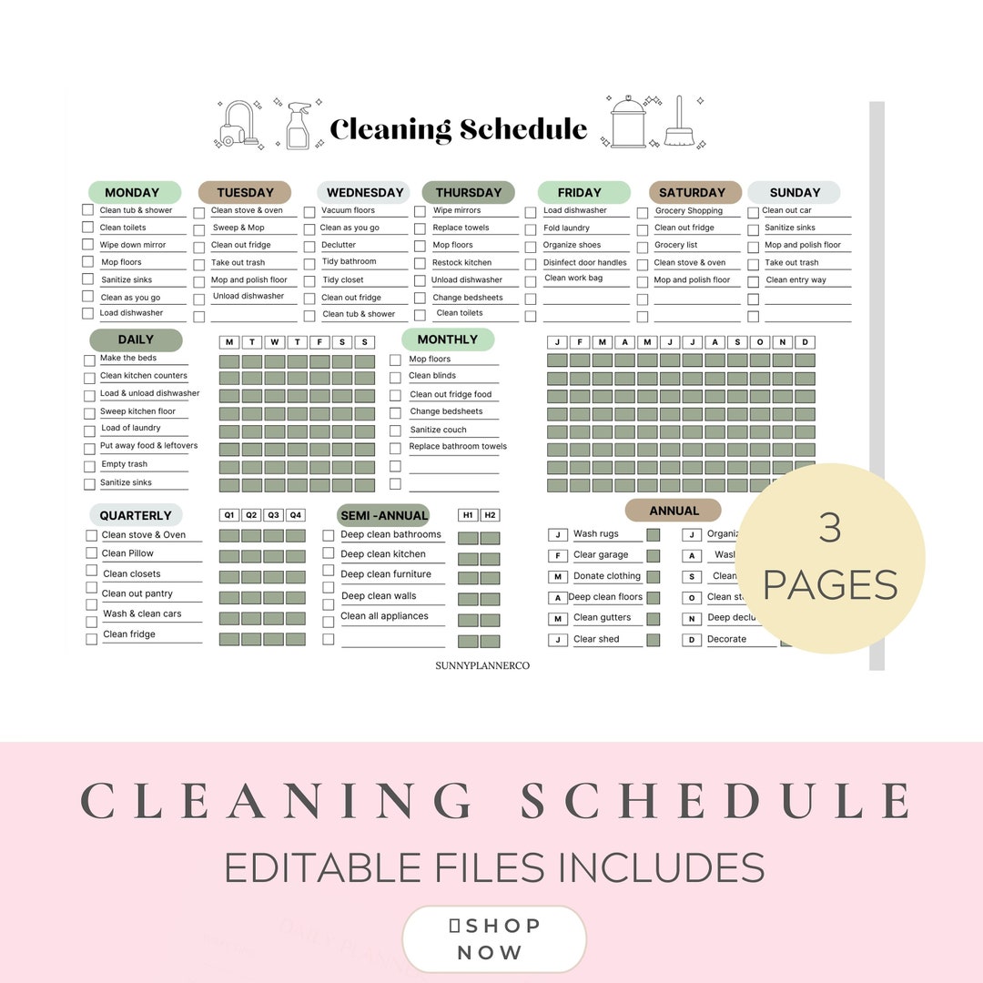 EDITABLE Cleaning Planner, Cleaning Checklist, Cleaning Schedule ...