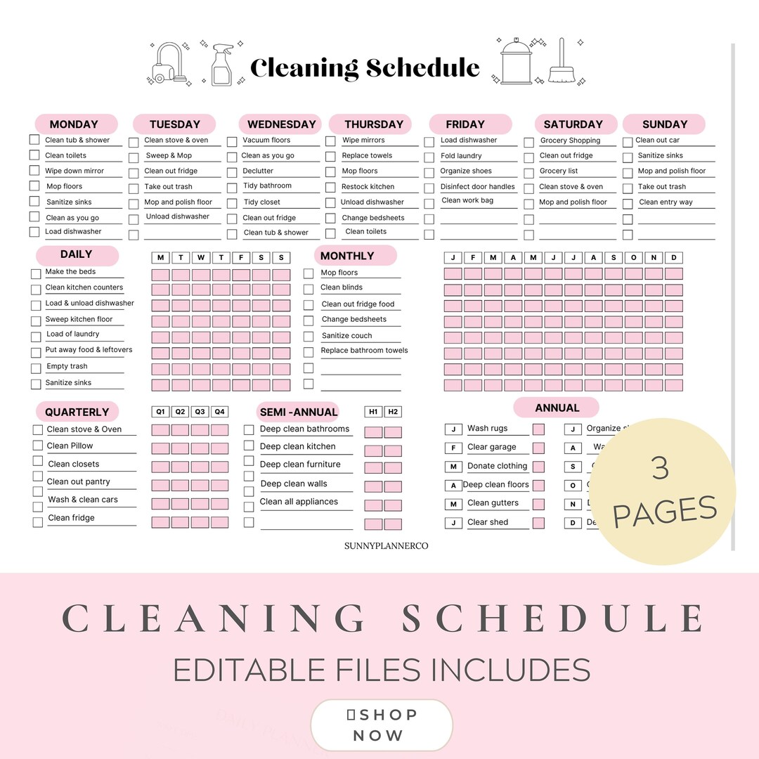 EDITABLE Cleaning Planner, Cleaning Checklist, Cleaning Schedule ...