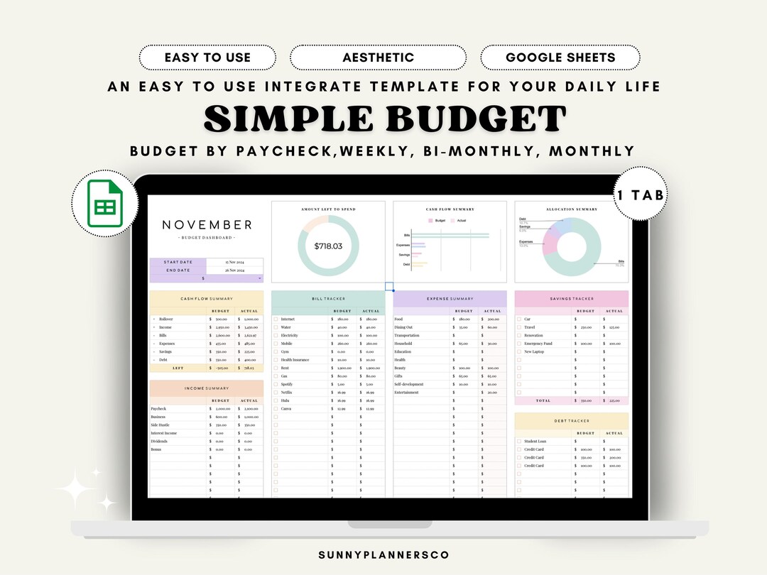 Budget Planner for Google Sheets, Monthly Budget Spreadsheet, Paycheck ...