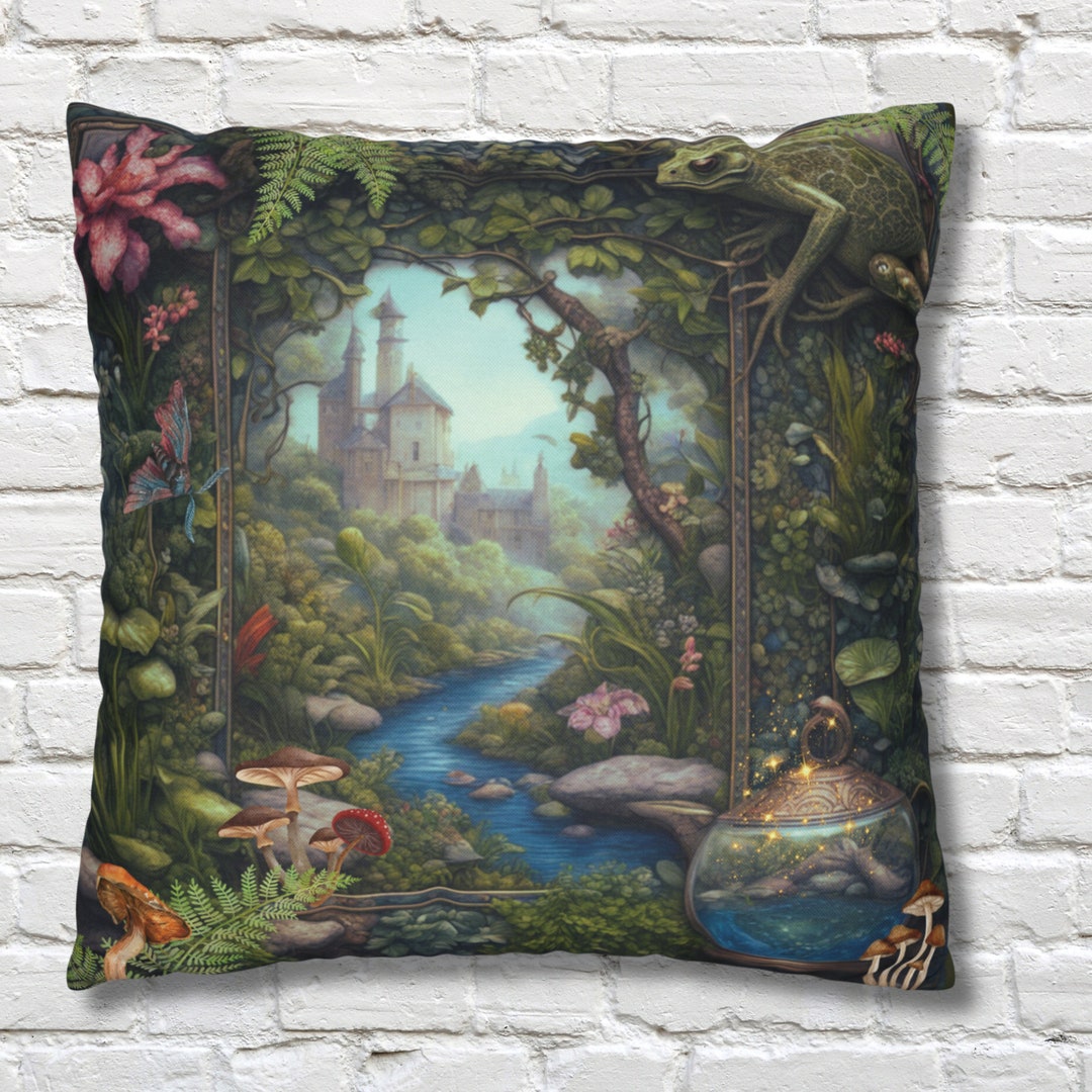 Enchanted Forest Mushroom Frog Castle Throw Pillow Cover, Whimsical ...