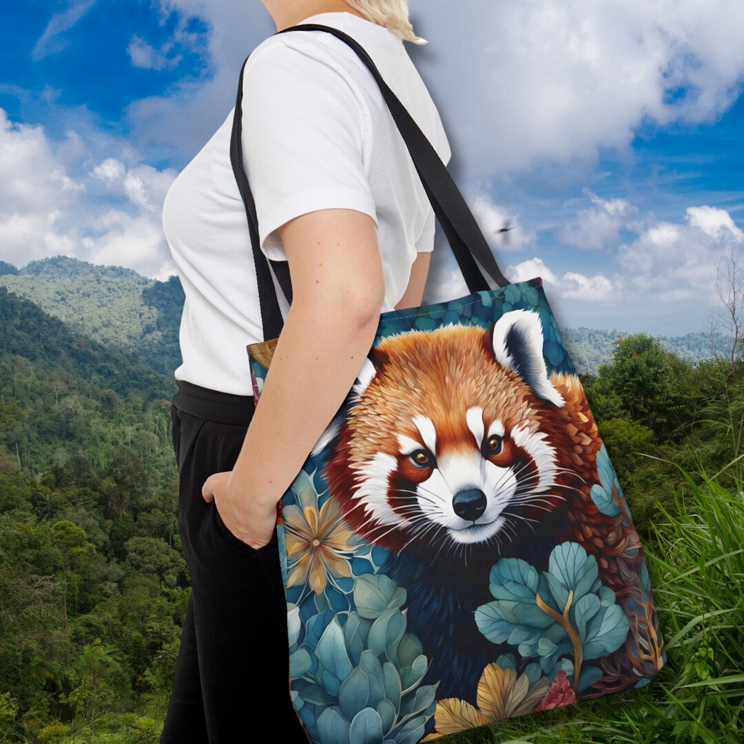 Artsy Red Panda Floral Tote Bag Teal, Abstract Botanicals, Wildlife ...