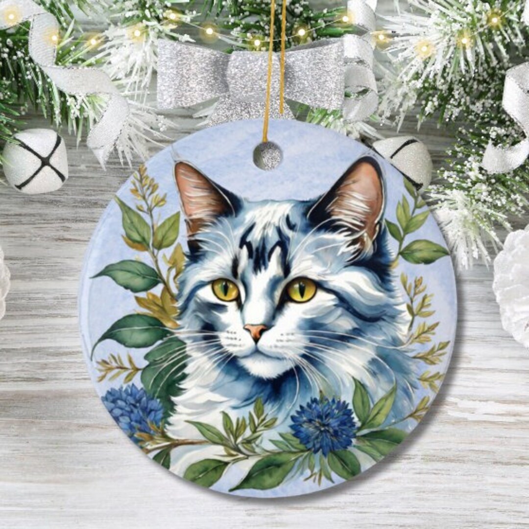 Gray Cat Ceramic Blue Christmas Ornament Pet Cat Lovers - Etsy