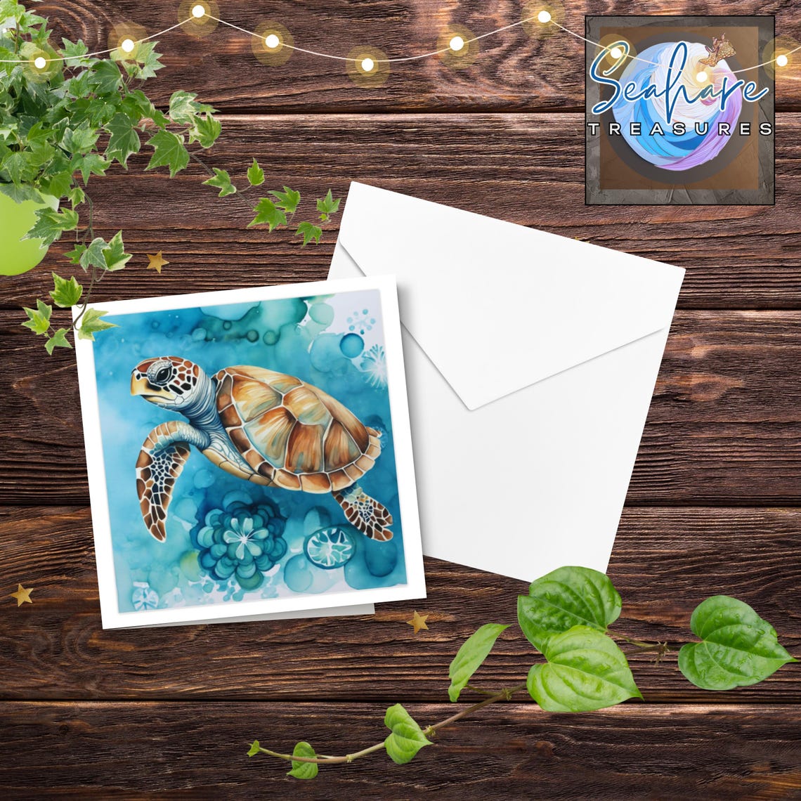 Blue Watercolor Sea Turtle Note Cards, Blank Turtle Note Card Set ...